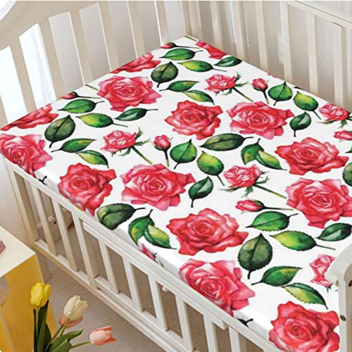 Rose Themed Fitted Mini Crib Sheets,Portable Mini Crib Sheets Soft Toddler Mattress Sheet Fitted-Great for Boy or Girl Room or Nursery,24β x38β,White Green Red