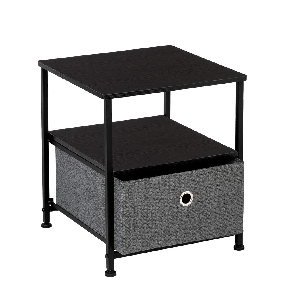 Kcelarec Nightstand 1-Drawer Shelf Storage- Bedside Furniture & Accent End Table Chest for Home, Bedroom, Office, College Dorm, Steel Frame, Wood Top, Easy Pull Fabric Bins (Grey)