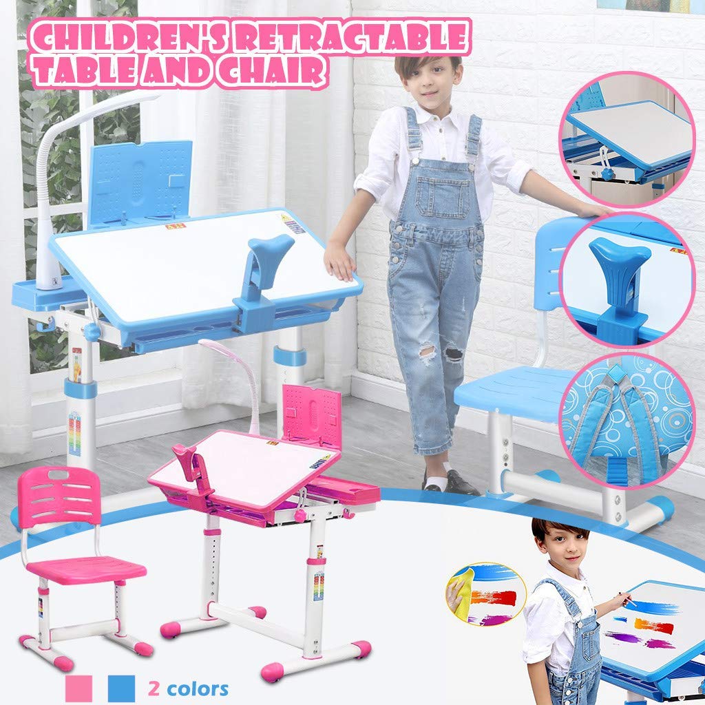 Kids Desk, Children Height Adjustable Study Desk and Chair Set, Children Home Study Table Students Writing Desk with Lamp, Drawer, Bookstand, Pencil Case, Bookstand, Blue