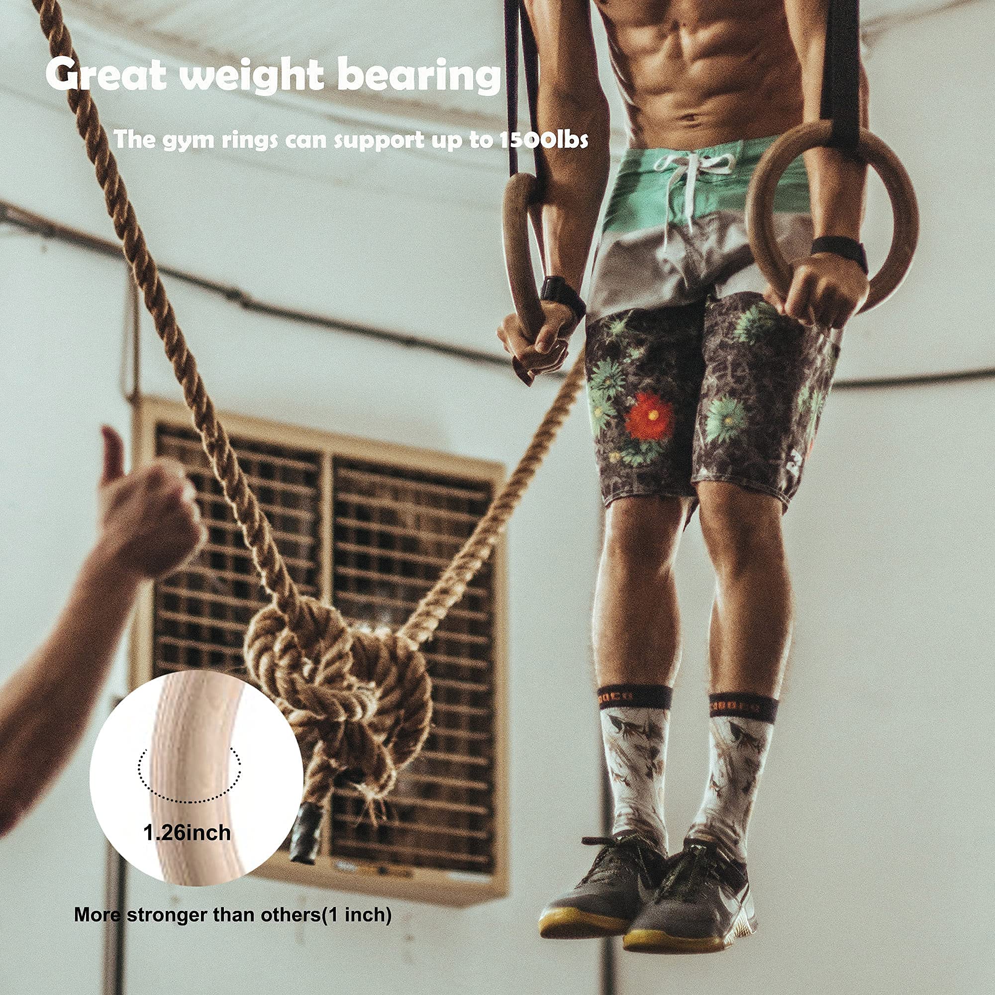 Kdpranky Wooden Gymnastics Rings, 1500lbs Pull Up Equipment with 15ft Heavy Duty Straps, Non-Slip Training Gym Rings for Home Gym Full Body Workout