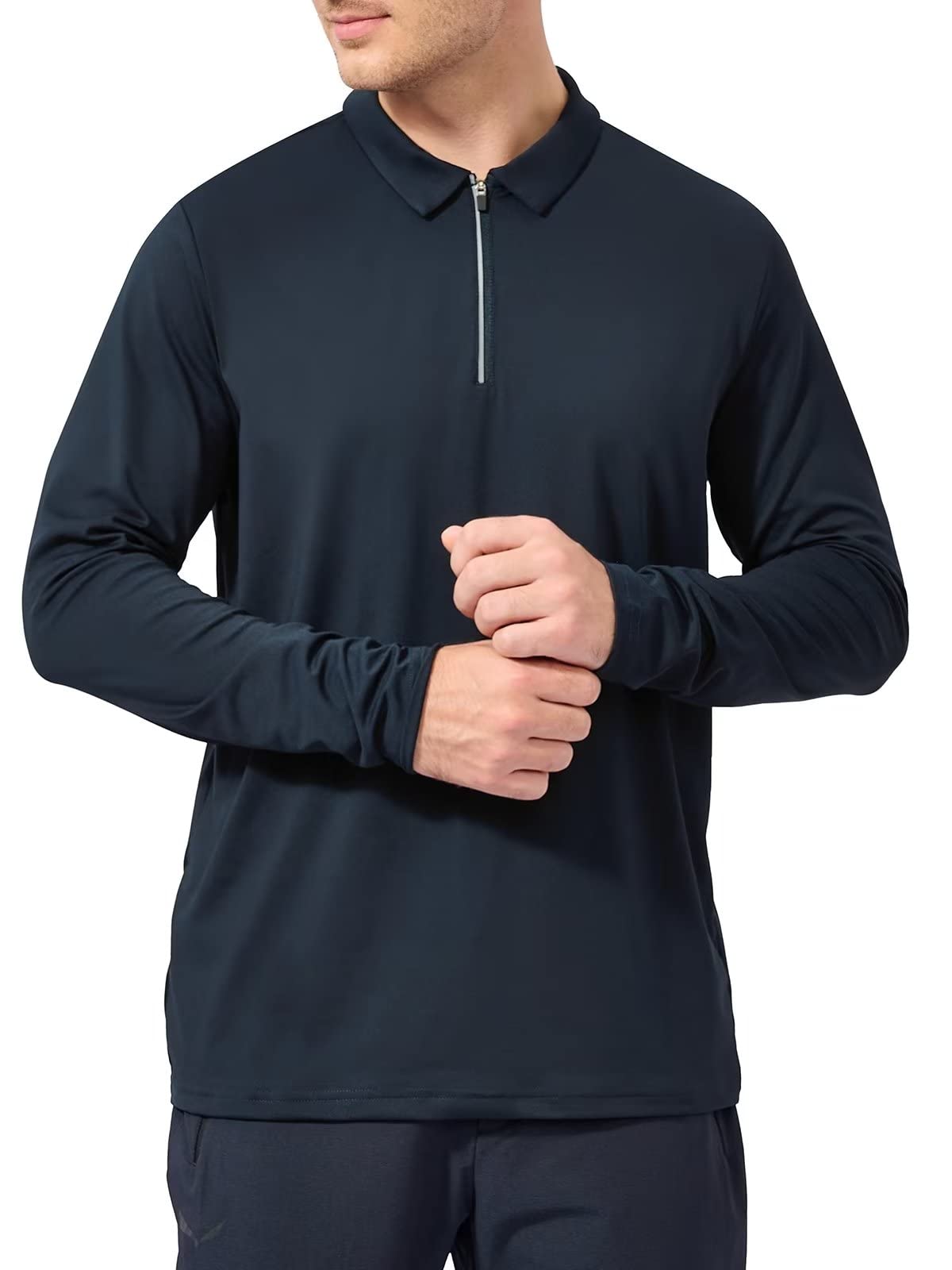 MARAMI Men’s Polo T Shirts - Quarter Zip Pullover Men Long Sleeve Dry Fit Golf Fishing Workout Casual Collared Shirts for Men Navy Blue Size L