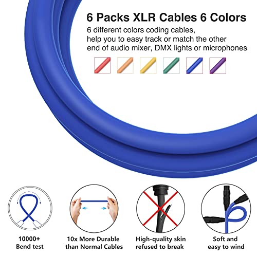 JTDER XLR Male to Female Microphone Premium Cable - 25 Feet - 6 Pack, Multicolor