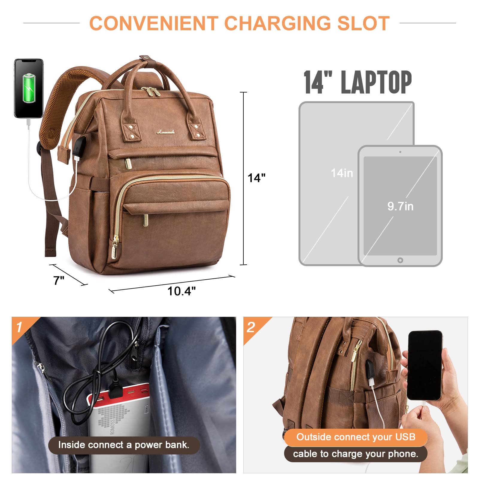 LOVEVOOK Women's Fashion Backpack Leather Bookbag Purse for Women Work Fits for 14 Inch Laptop,Brown