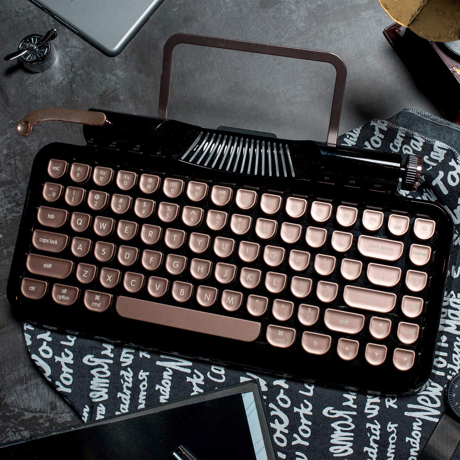 KNEWKEY RYMEK Typewriter Style Mechanical Wired & Wireless Keyboard with Tablet Stand, Bluetooth Connection(Black)