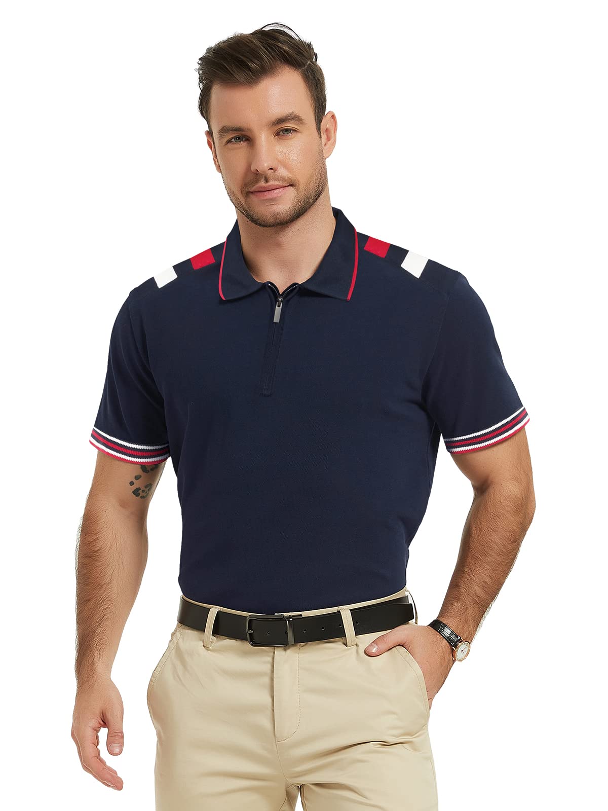 Konfuzianismus Mens's Color Blocking Polo Shirt Cotton Short Sleeve Knit Casual Collared Shirts H-Green
