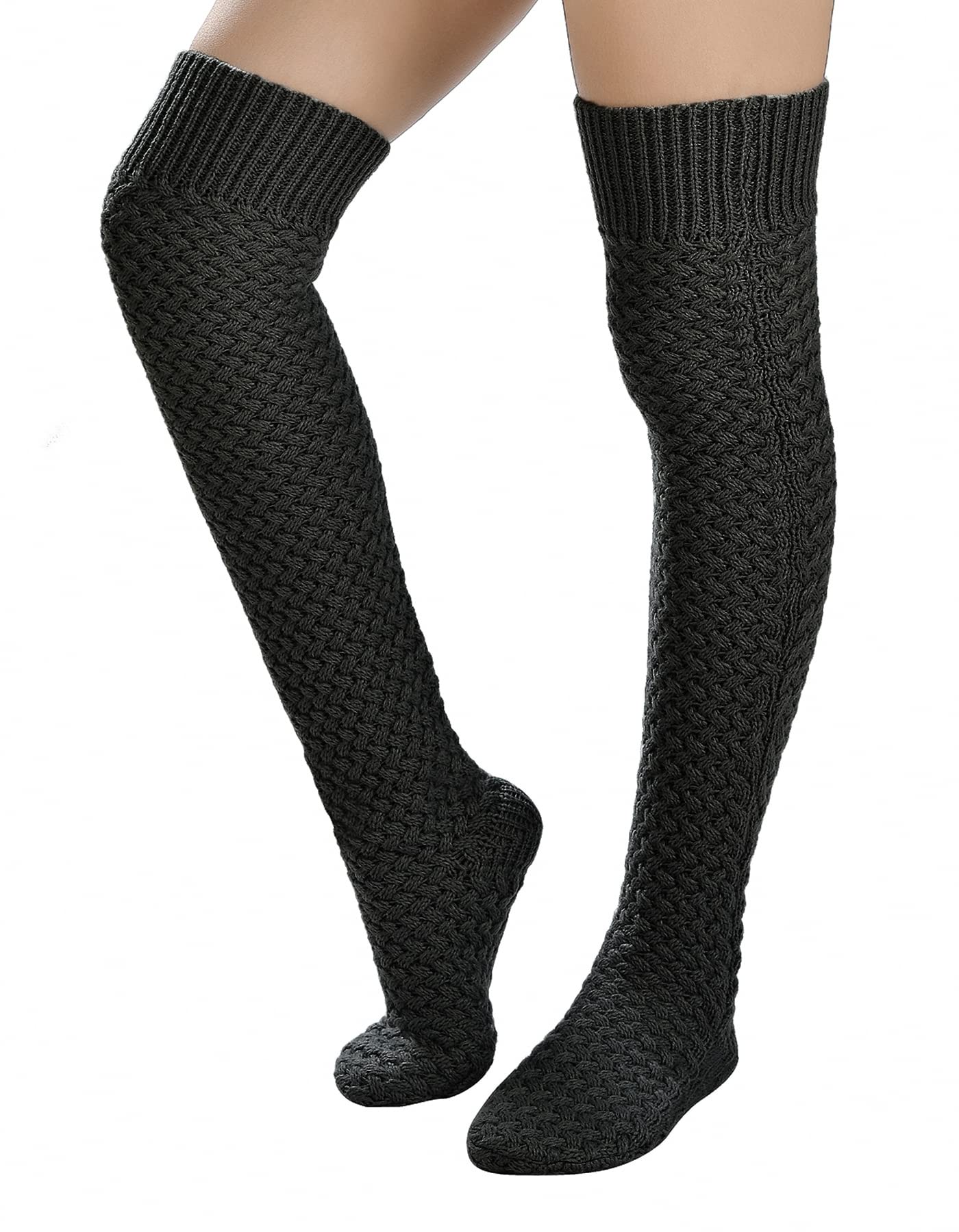 Leoparts Women's Knitted Thigh High Socks Crochet Over Knee Long Warm Thick Leg Warmers Boot Stockings Black-823 One Size