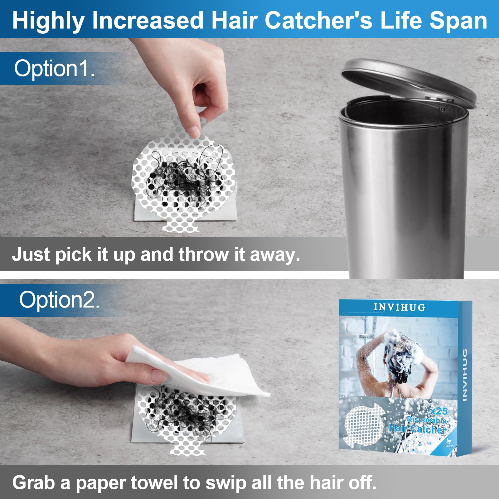 INVIHUG,25 Pack, Disposable Shower Drain Hair Catcher Mesh Stickers,Disposable Hair Drain Catcher. (White)