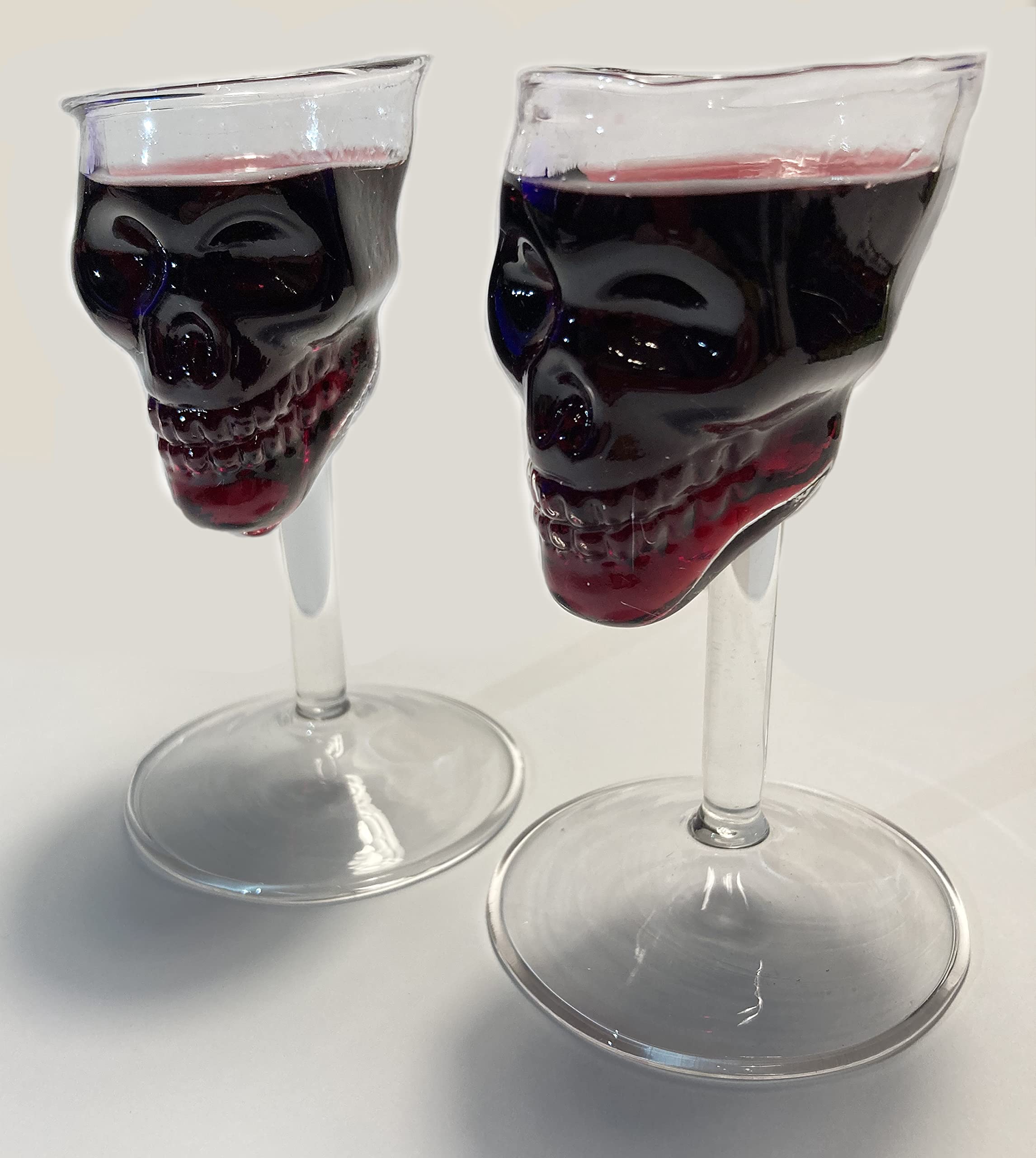 Mazeology Modern Handmade Mouth-blown Crystal Clear Borosilicate Glass SKULL Shaped Set of Two Stemmed Wine or Cocktail Glasses, good for Liquors, After-Dinner Drinks and More!