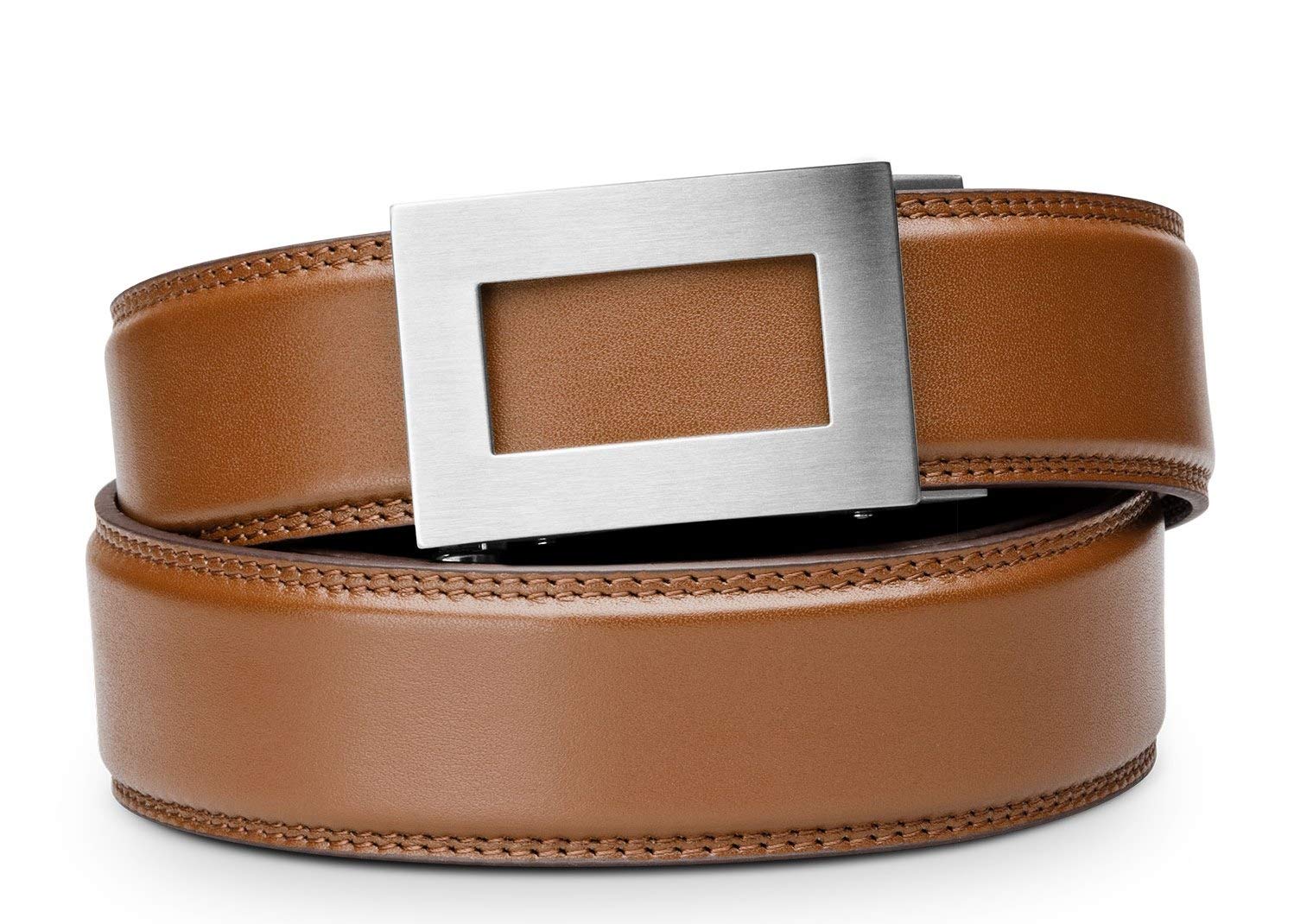 KORE Men’s Full-Grain Leather Track Belts | “Icon” Stainless Steel Buckle (24" to 44", Cognac)