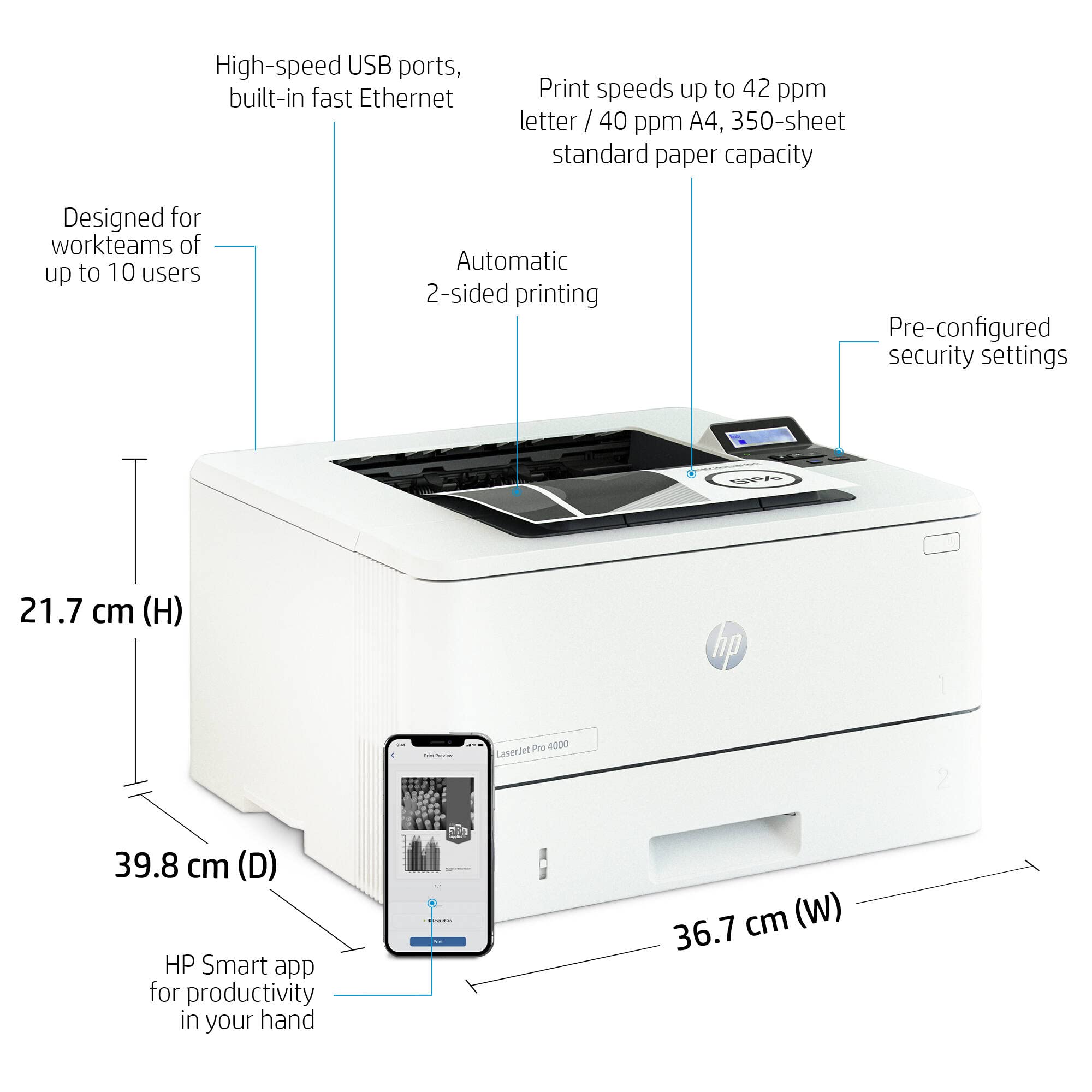 HP Laserjet Pro 4001 dn Single-Function Monochrome Laser Printer, White - Print only - Mobile Printing, 42 ppm, 1200 x 1200 dpi, Auto 2-Sided Printing, 8.5 x 14, Ethernet, Hi-Speed USB