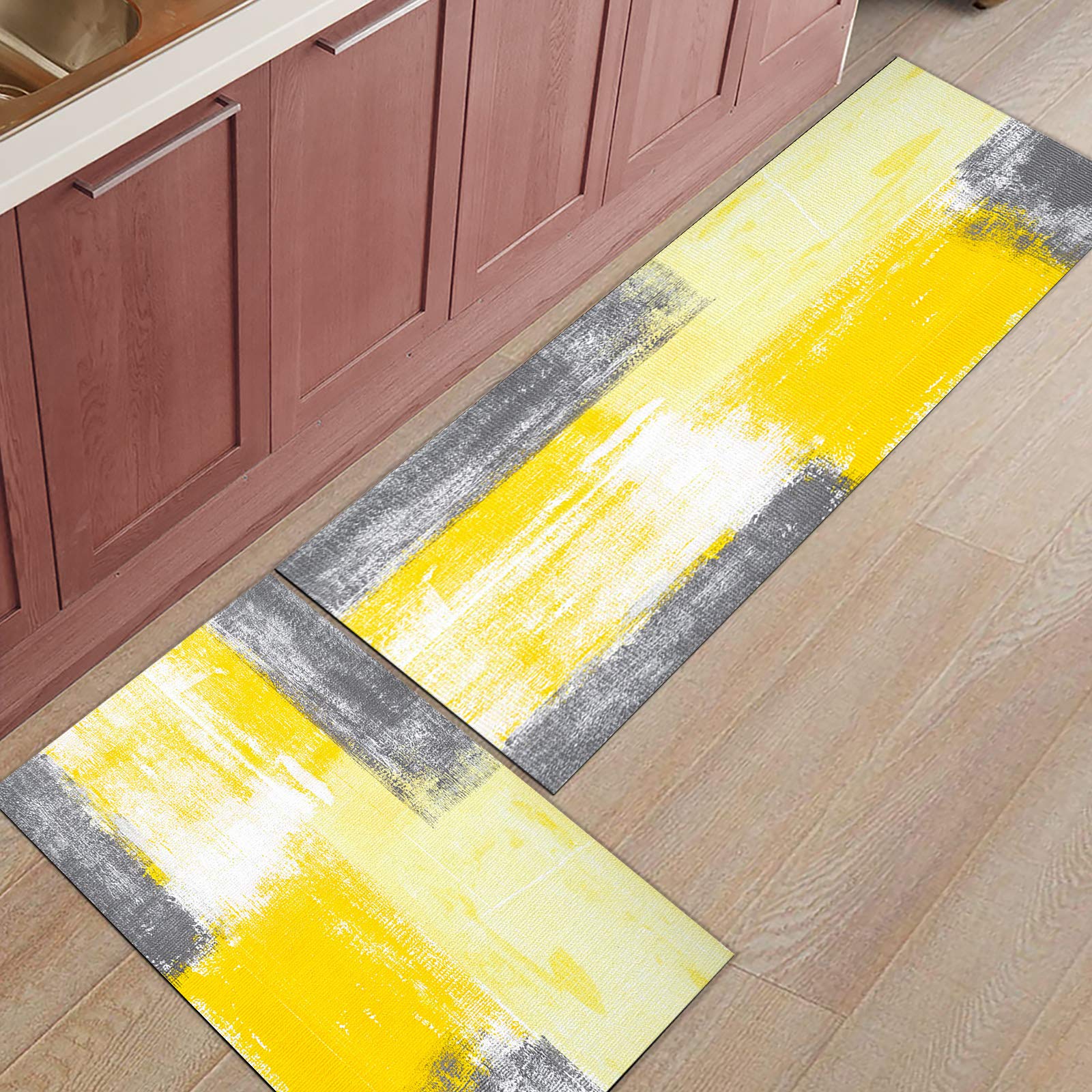 Libaoge Yellow Kitchen Rugs and Mats Set of 2 Yellow and Grey Abstract Art Modern Kitchen Sink Mat,Non-Slip Area Runner Rug,Washable Floor Mat for Home Dining Room Office 15.7"x23.6"+15.7"x47.2"
