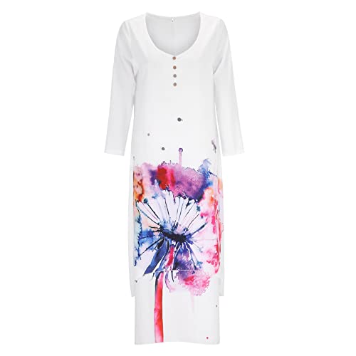 Midi Length Long Sleeve Maxi Dress for Women Asymmetrical Hem Button Down V Neck Casual Dresses Flowy A Line Blue