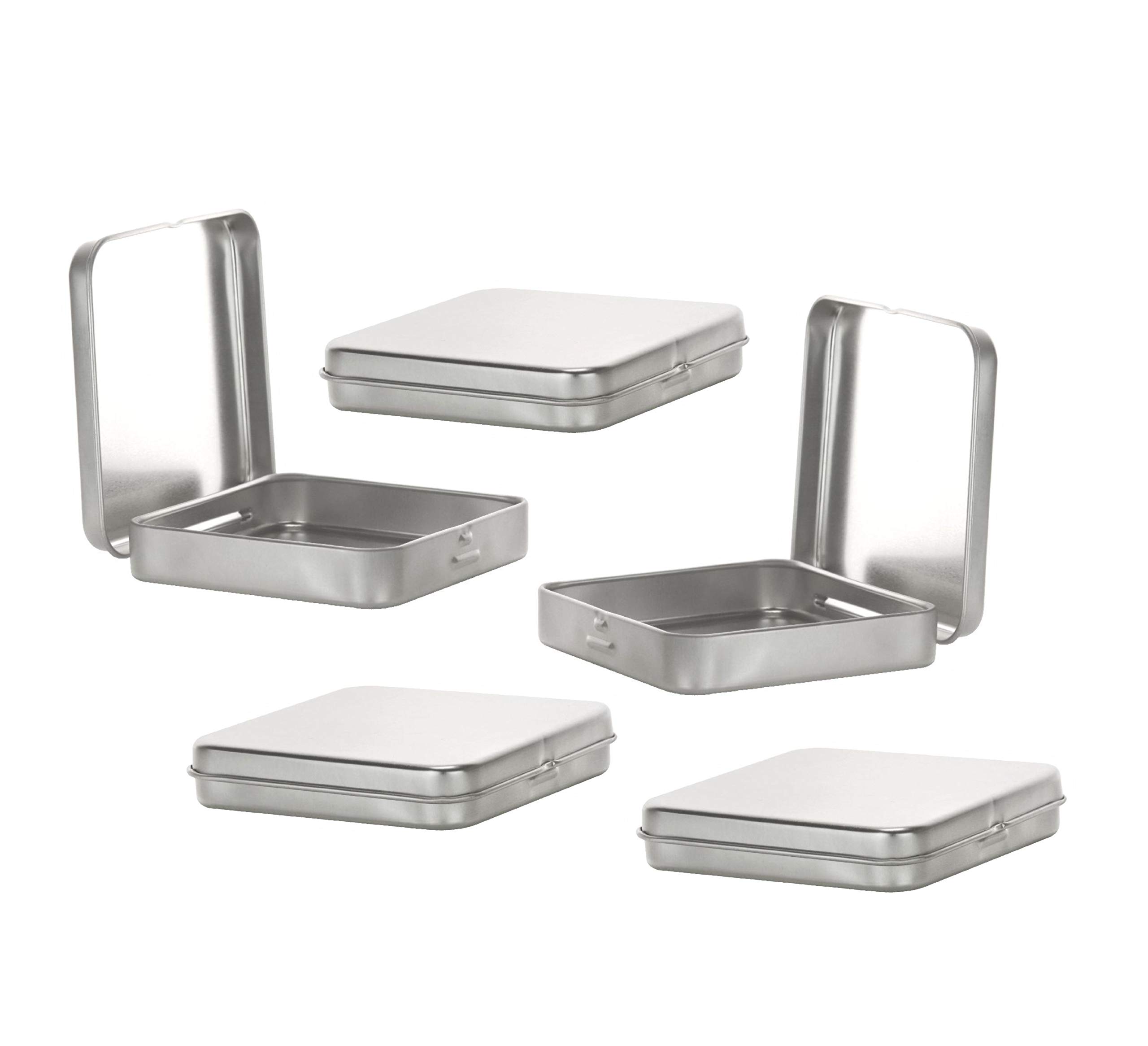 MagnaKoys Square Silver Metal Hinged Tins 3.5 x 3.5 x .70 Inches Boxes for Candy Storage Geocaching (5-Pack)