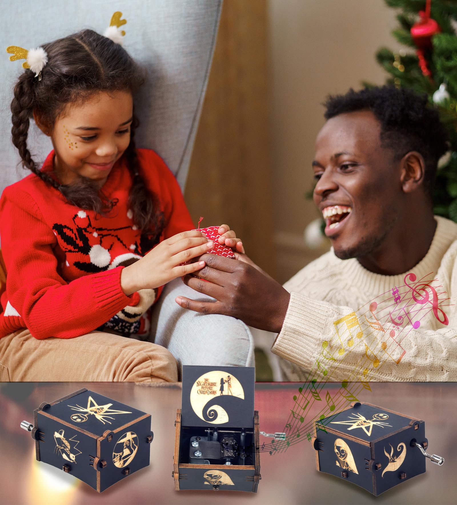 Keast WoodenNightmare Before Christmas Hand Crank Musical Box, Carving Music Box Jack for Boys Girls