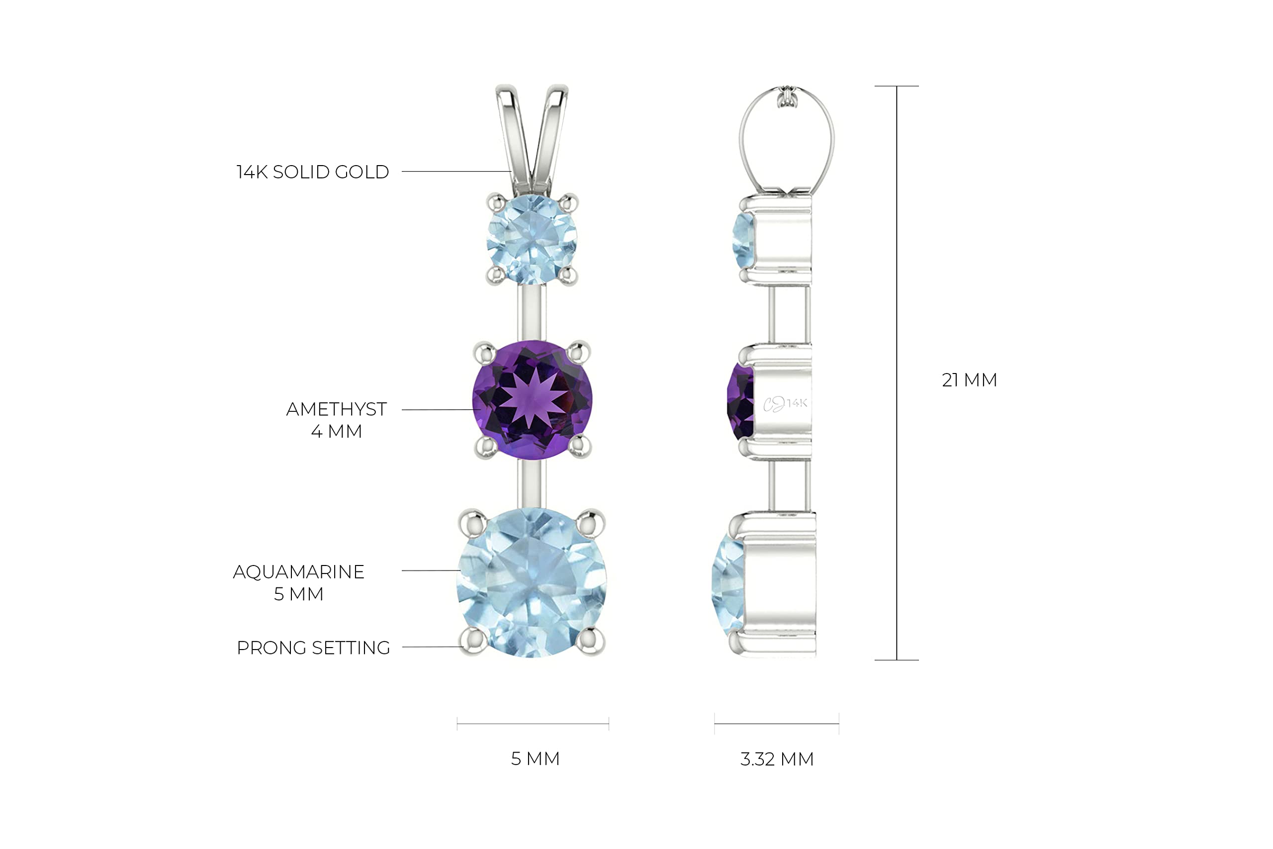 Mirahi 4mm Round Cut Amethyst Anniversary Pendant, 3 Stone Pendant For Her, 14k Solid White Gold V-Shape Pendant Necklace, Amethyst & Aquamarine Natural Gemstone Anniversary Pendant