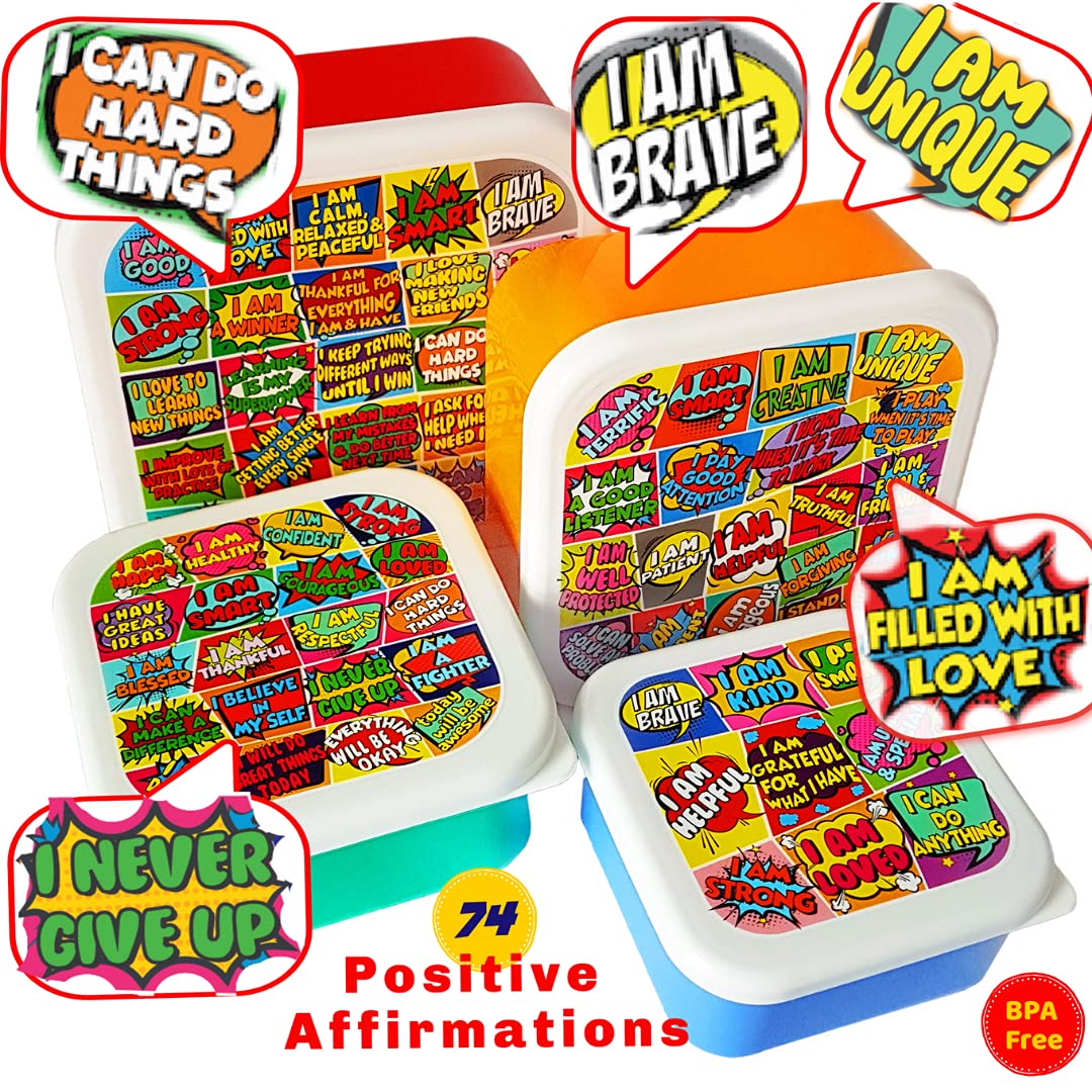 Kids Lunch Box Set, Snack Box, BPA Free Plastic Storage Boxes, Kids Snack Pots, Kids Lunch Box, Great for Picnics, Meal Prep, Mindfulness, Positive Affirmations (Set of 4)
