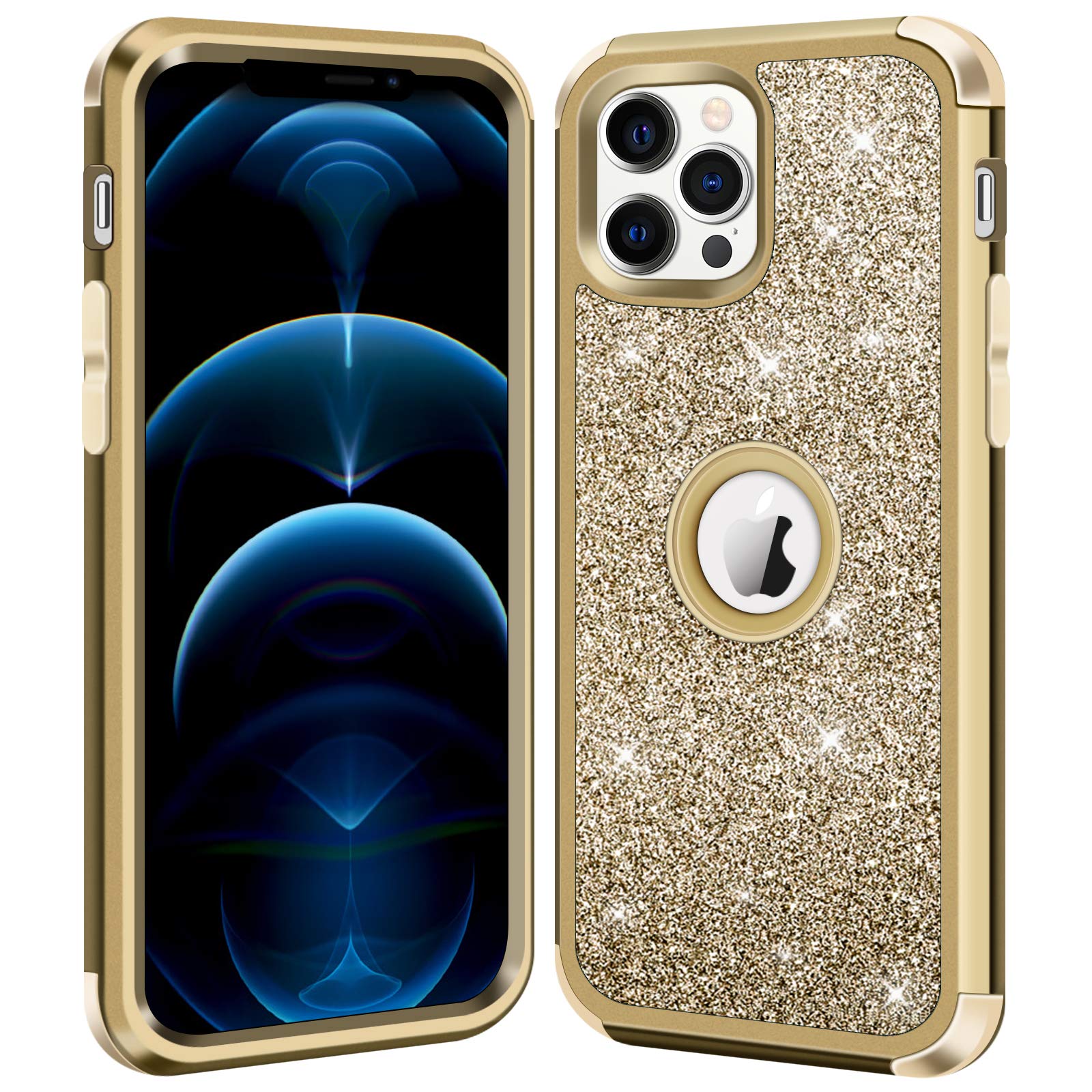 Hython Compatible with iPhone 12 Pro Max Case, Heavy Duty Defender Protective Case Bling Glitter Sparkle Hard Shell Hybrid Shockproof Rubber Bumper Cover for iPhone 12 Pro Max 6.7-inch 2020, Gold