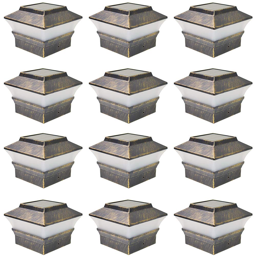 iGlow 12 Pack Vintage Bronze Outdoor 4 x 4 Solar LED Post Deck Cap Square Fence Light Landscape Lamp Lawn PVC Vinyl Wood