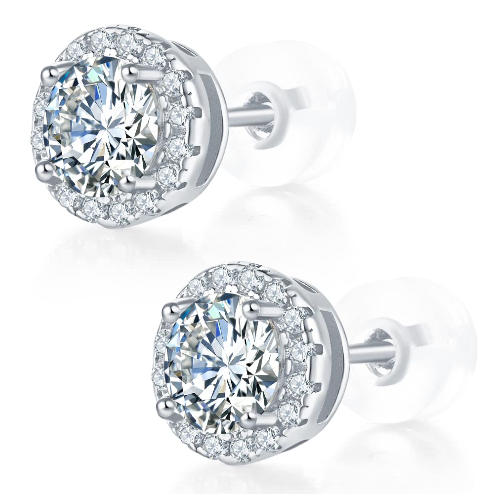 Moissanite Earrings for Women Men 18K White Gold Plated Round Cut Lab Created Diamond Halo Stud Earrings