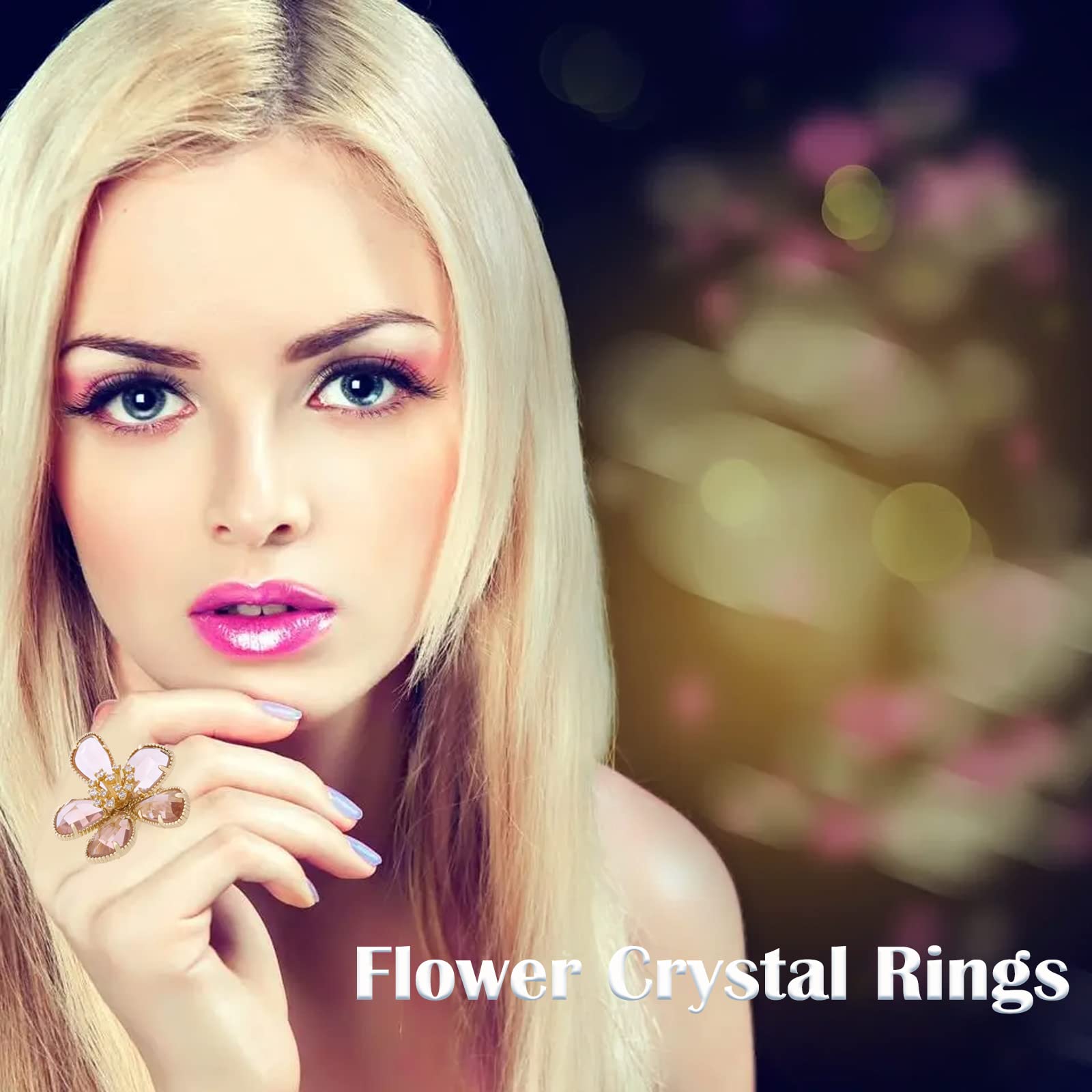 MACENT Flower Crystal Rings for Women,Crystal Petal Ring,Size Adjustable Ring Gift for Women Girl(Pink)