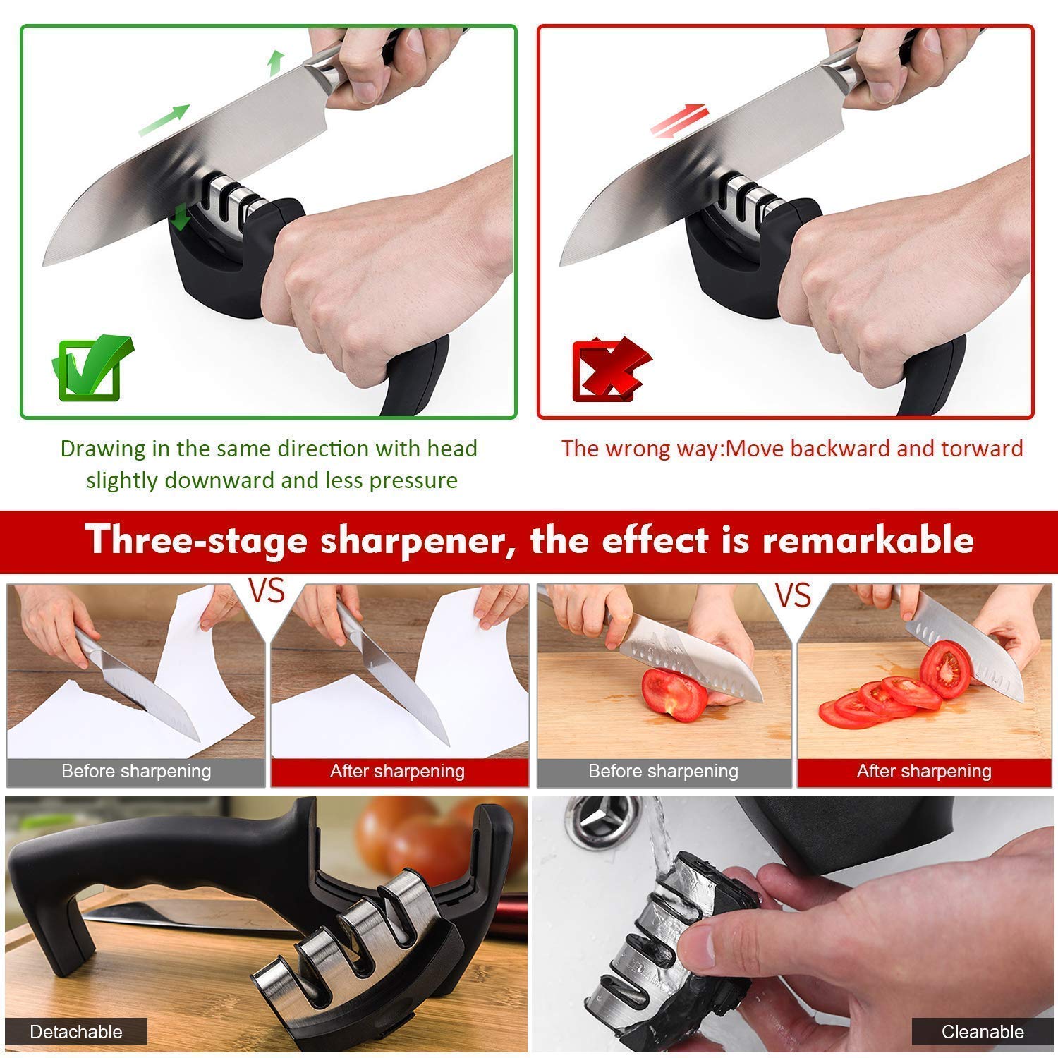 Knife Sharpener Honing Steel Sharpening - Professional 10 Inch Knife Sharpeners Rod Restore Blade Quickly for Kitchen, Chef, Butcher, Hook and Cleaning Cloth Included (Black)