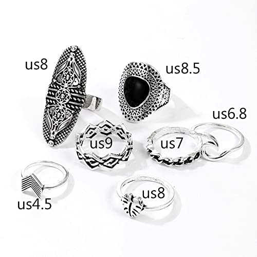 Octwine Boho Silver Leaf Knuckle Open Ring Set Vintage Stackable Black Midi Finger Rings Set Stacking Ring Jewelry for Women Girls 7Pcs