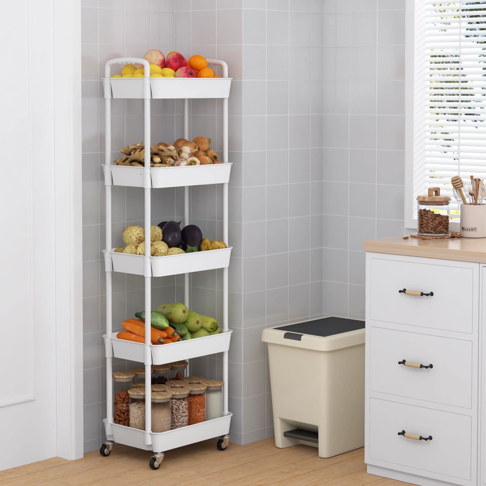 JIUYOTREE 5-Tier Rolling Storage Cart Utility Cart with Lockable Wheels for Living Room Bathroom Kitchen Office White