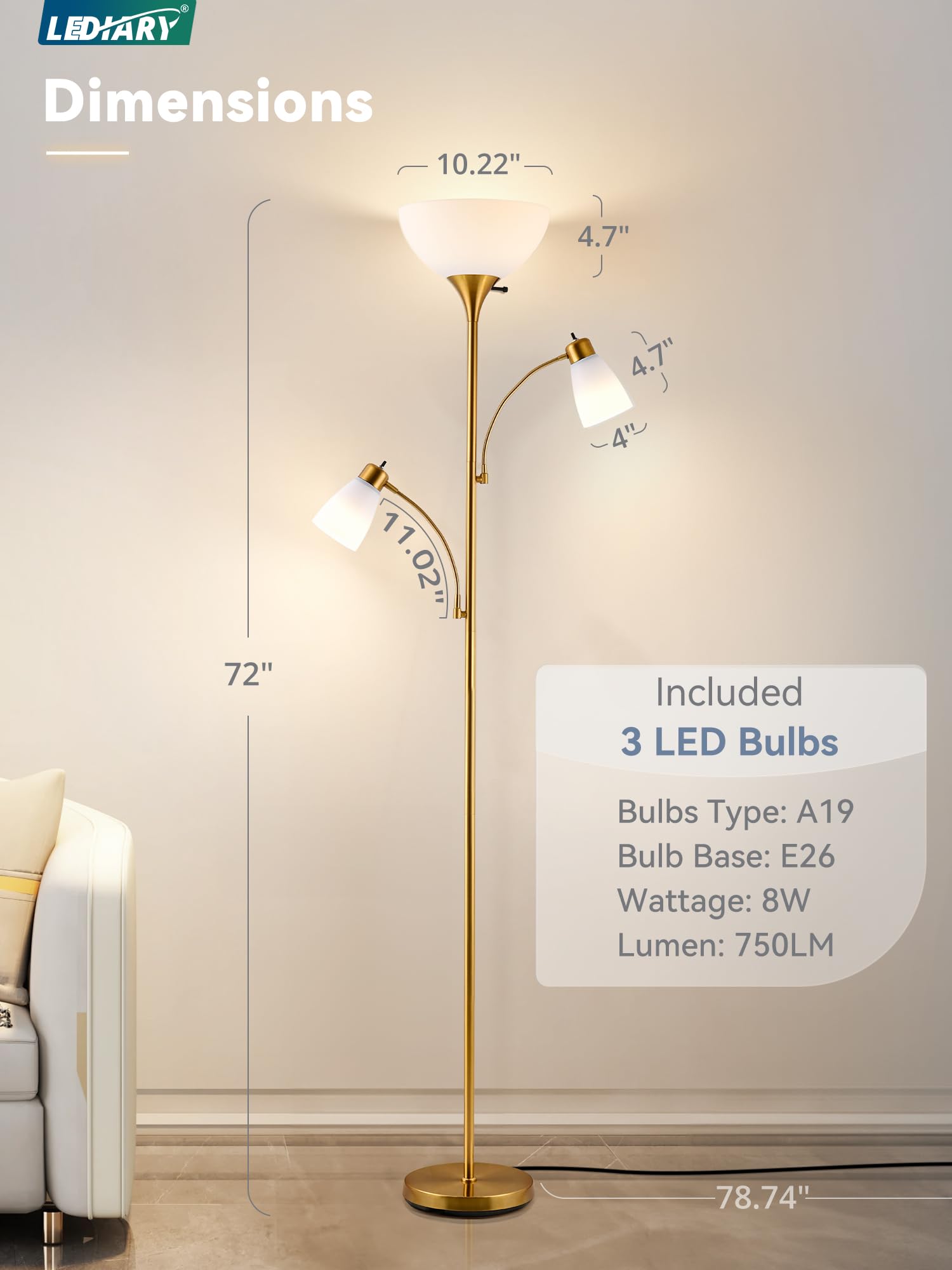 LEDIARY Torchiere Floor Lamp, 72 Inch Gold Standing Lamp with 2 Adjustable Reading Lamp, Modern Tall Floor Lamps for Living Room Bedroom Office, 3 Bulbs Included