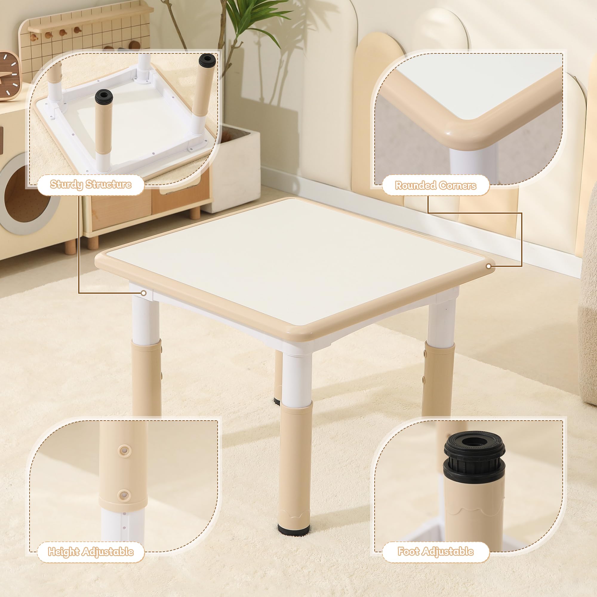 SINKIPA Kids Table and 2 Chairs Set, 23.6''L x 23.6''W Toddler Table and Chairs, Height Adjustable Kids Study Table for Ages 2-10, Graffiti Desktop Children Activity Table with Anti-Slip Foot Covers