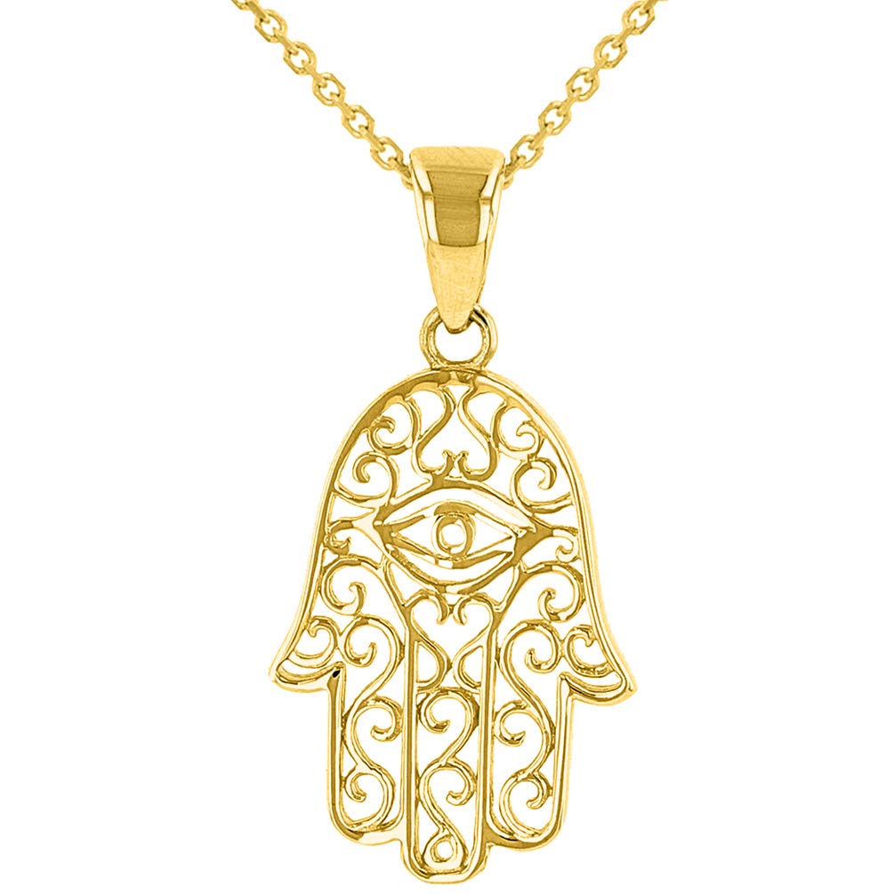 Jewelry America Solid 14K Yellow Gold Filigree Hamsa Hand of Fatima with Evil Eye Pendant Necklace, 20"