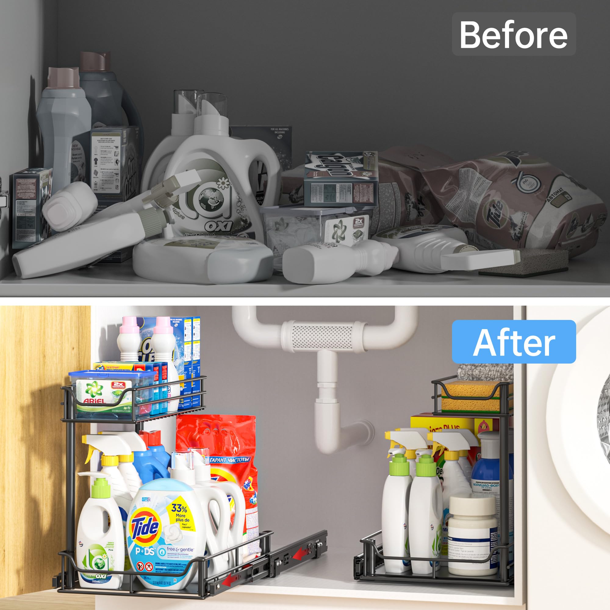 LAMU Larger Under Kitchen Sink Organizers and Storage, Metal Under Sink Organizer Bathroom Cabinet, Undersink Organizers Kitchen, Under Sink Storage and Organization, 13.1W x 16.7D x 15.6H inches
