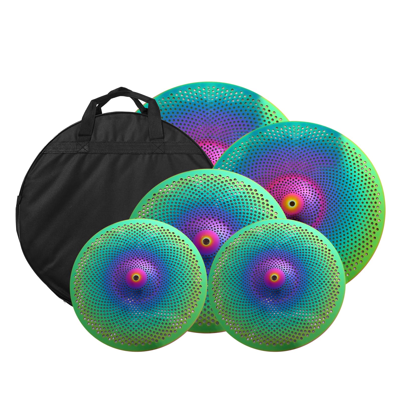 Low Volume Cymbal Quiet Drum Practice Cymbal Pack 14"Hihats 16"Crash 18"Crash 20"Ride 5 Pieces Plus Cymbal Bag for Drummer (Rainbow)
