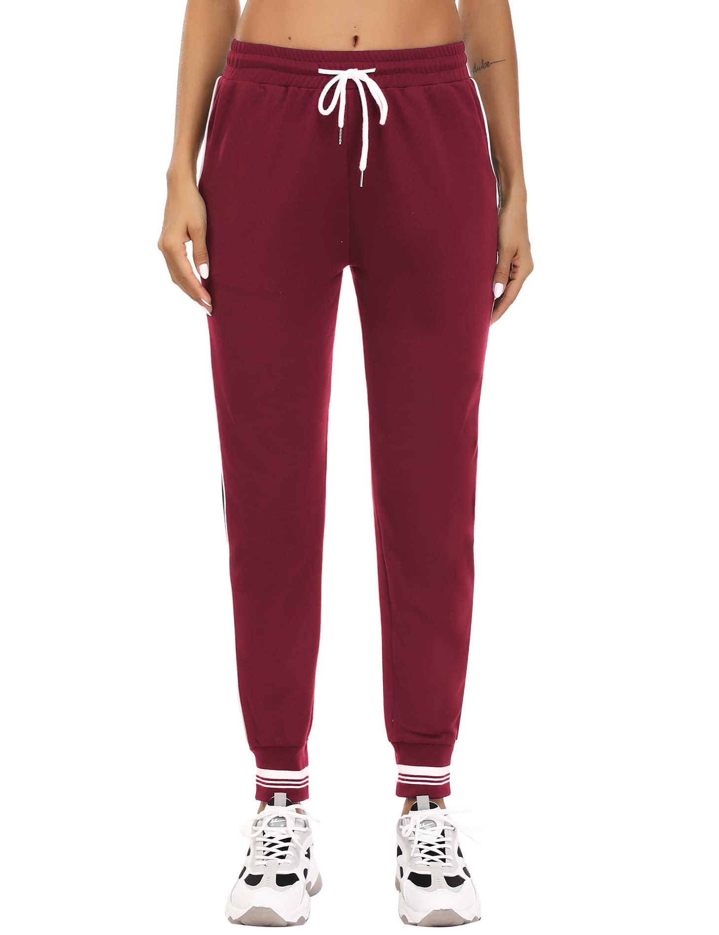Letnewf Women Workout Sweatpants Lightweight Cotton Comfy Striped Running Joggers Lounge Pants with Pockets Red