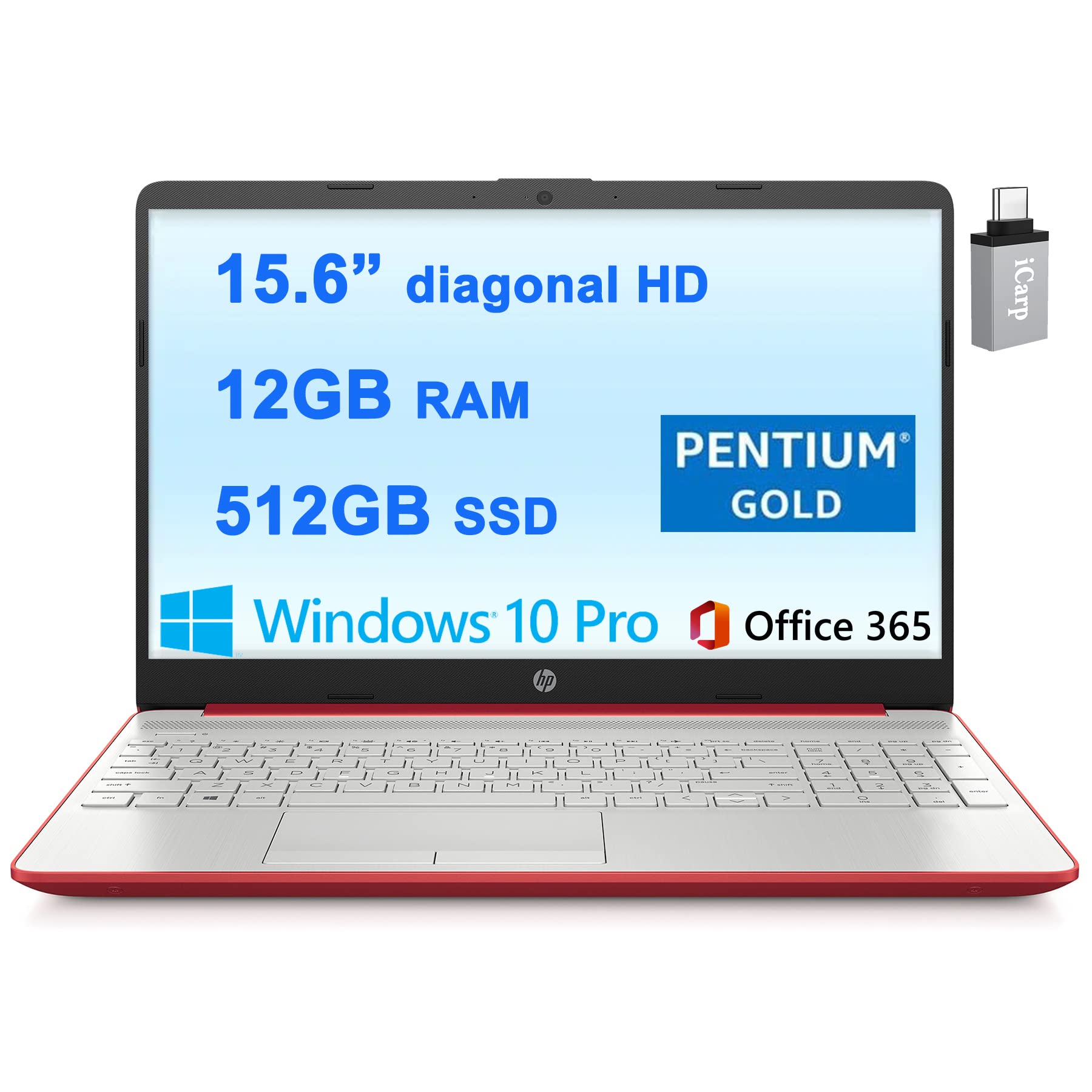 HP Notebook 15 Business Laptop Computer 15.6” Diagonal HD Display Intel Pentium Gold 6405U Processor 12GB RAM 512GB SSD Intel UHD Graphics USB-C HD Webcam Win10Pro Scarlet Red + USB-C Adapter