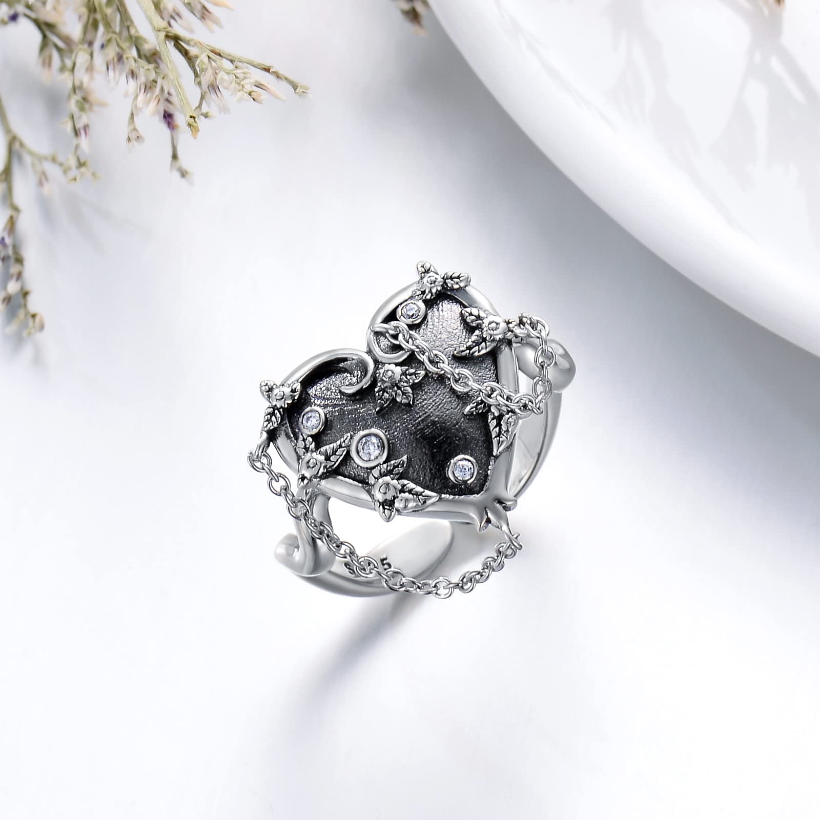 MONGAS Witch Heart Ring 925 Sterling Silver Gothic Jewelry Goth Halloween Gifts for Women