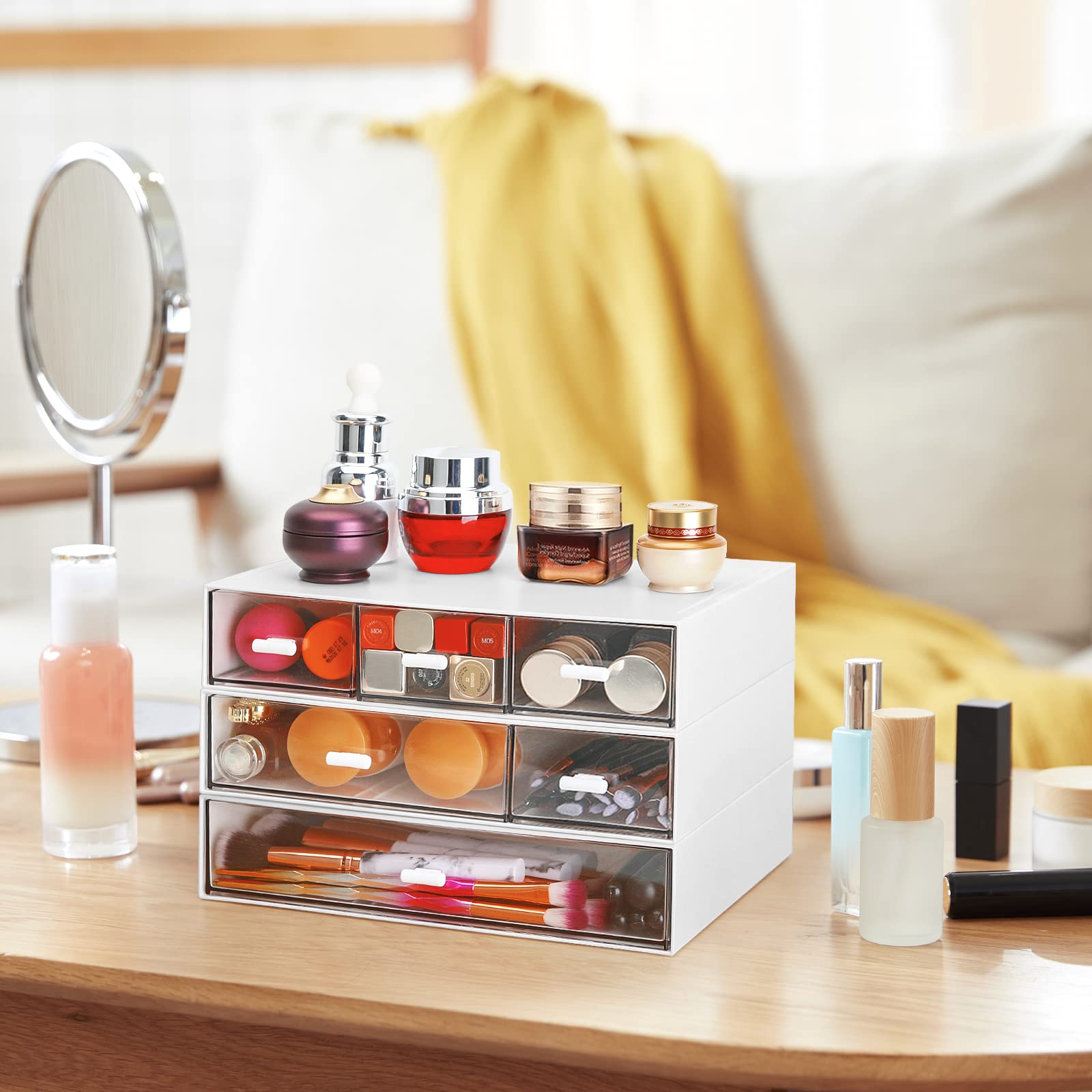 LETURE Stackable Desk Organizer, Plastic Storage Drawer for Office School Home Makeup, Pen Pencils Markers Stationery Supplies Organizers (White -1 Draw)