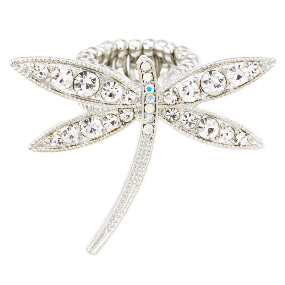 Lavencious Dragonfly Design Rhinestone Stretch Statement Ring for Women Size for 7-9(Silver Clear)