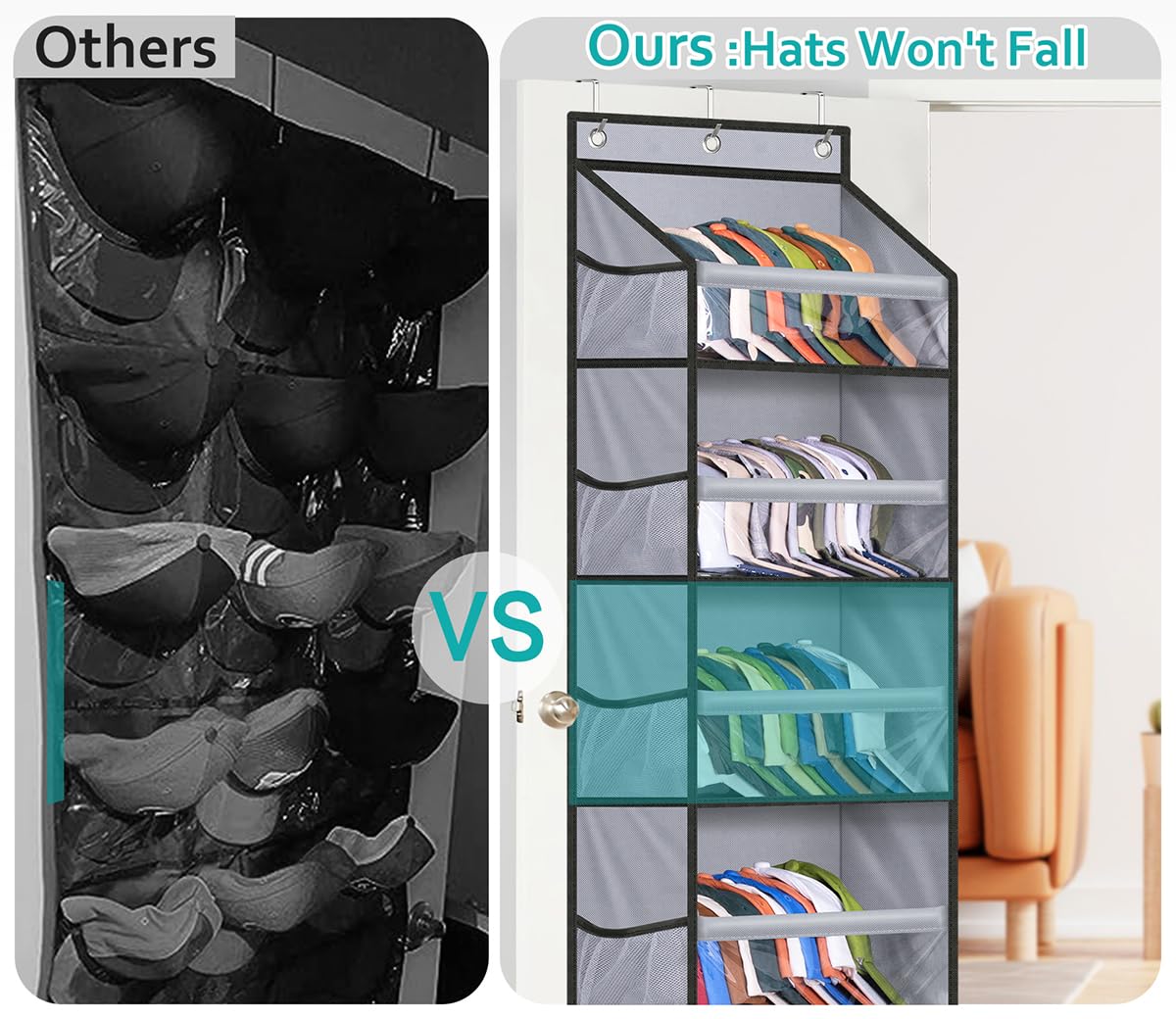 KIMBORA 7 Tier Hat Rack for Baseball Caps, Over Door Baseball Hat Organizer Hold 80 Hat Storage for Closet/Wall with 14 Side Mesh Pockets Cap Holder (Gray)
