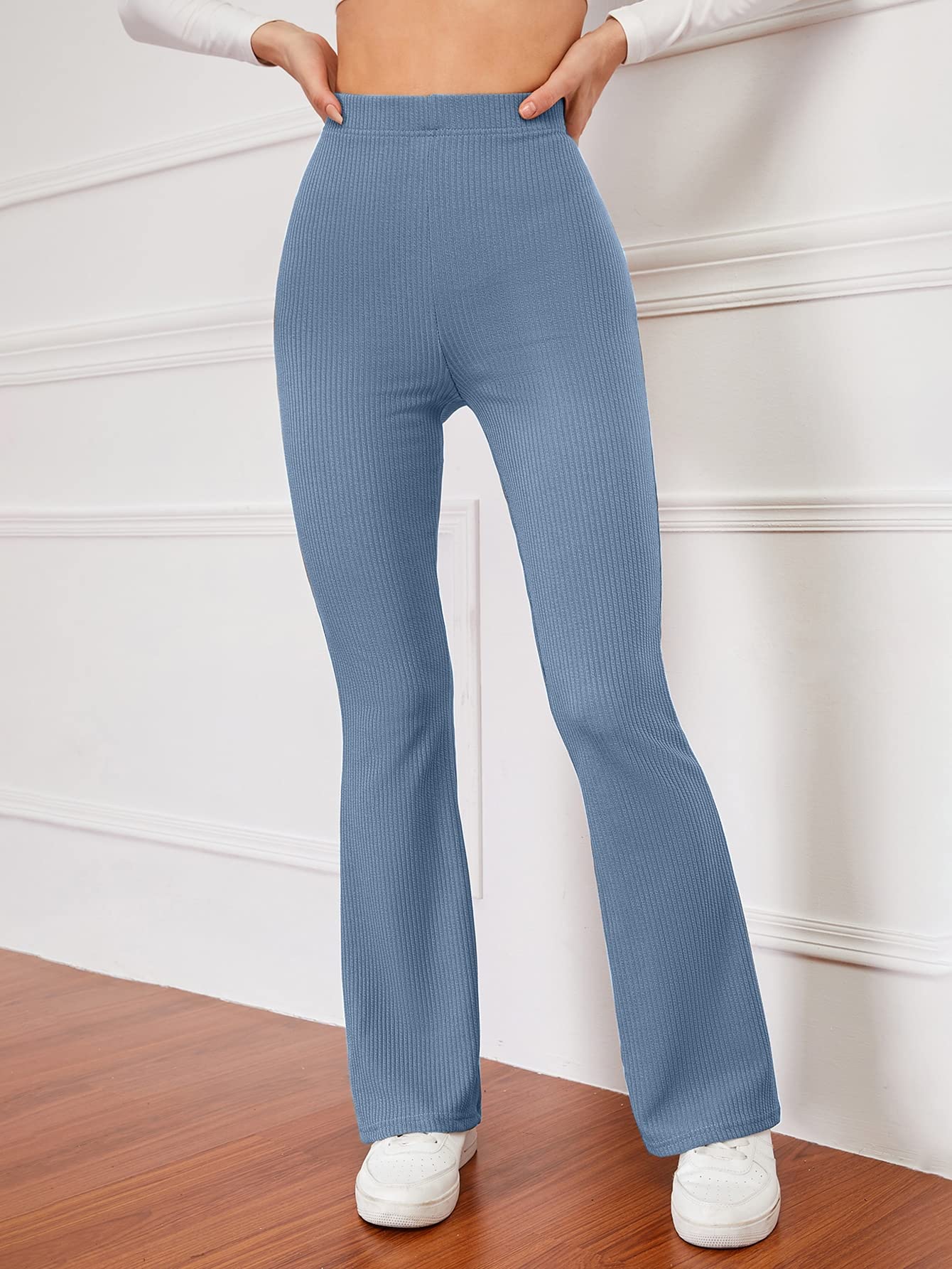 MakeMeChic Women's High Waist Flare Pants Ribbed Knit Bootleg Yoga Pants Dusty Blue L