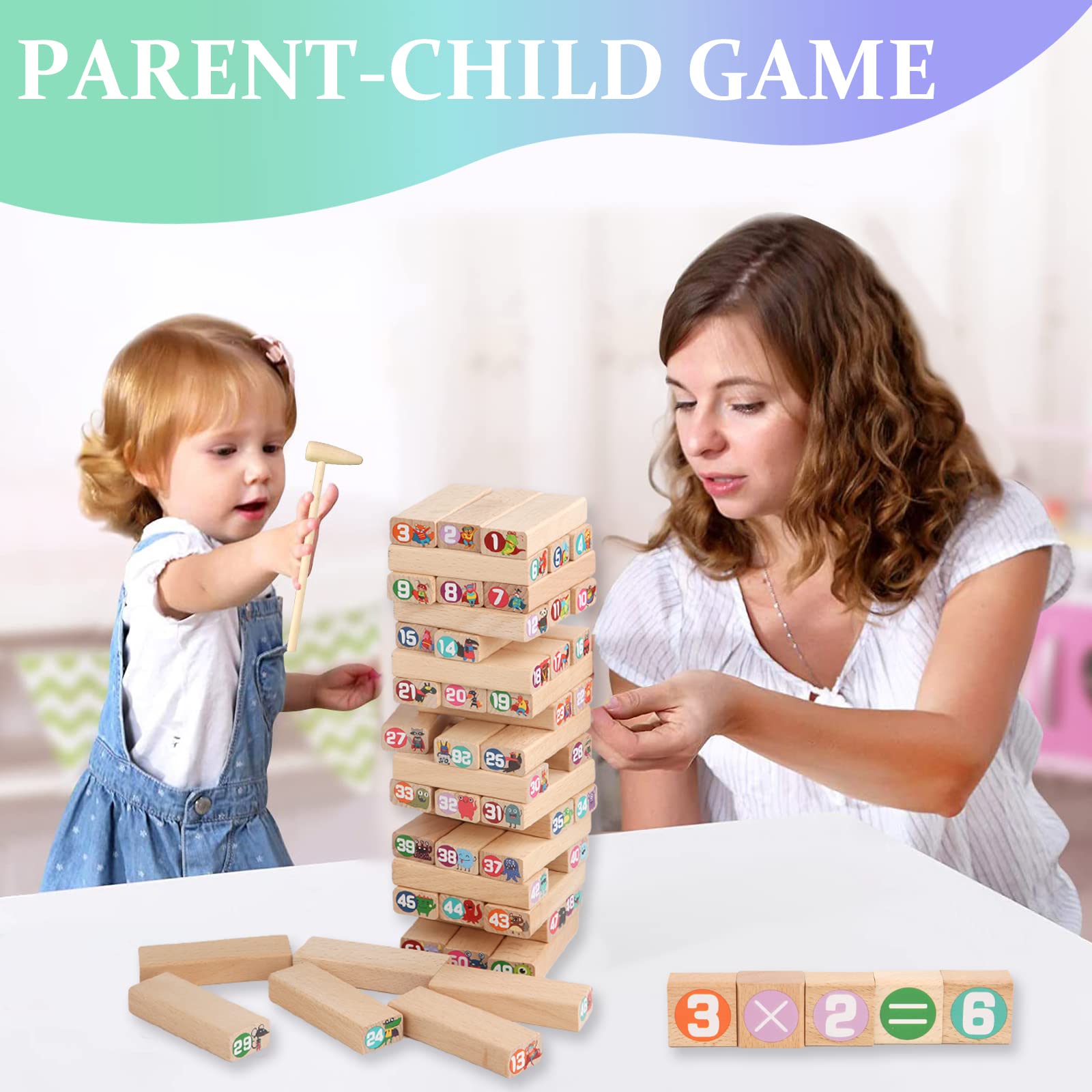 MICKYU 51 Pcs Wooden Blocks Stacking Tumbling Tower Game Kids Learning Math Toys with Dices, Mallet, Number Blocks, Cards, Tray, and Storage Bag