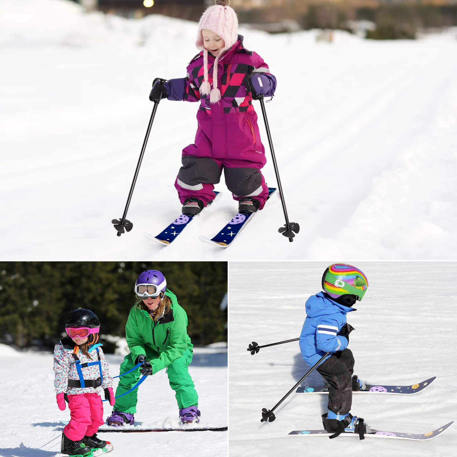 Odoland 4-in-1 Kid's Beginner Snow Skis with Poles, Training Harness and Ski Tip Connector, Low-Resistant Ski Boards for Age 4 and Under, Toddler Skiing Harness with Removable Leash, Dark Blue