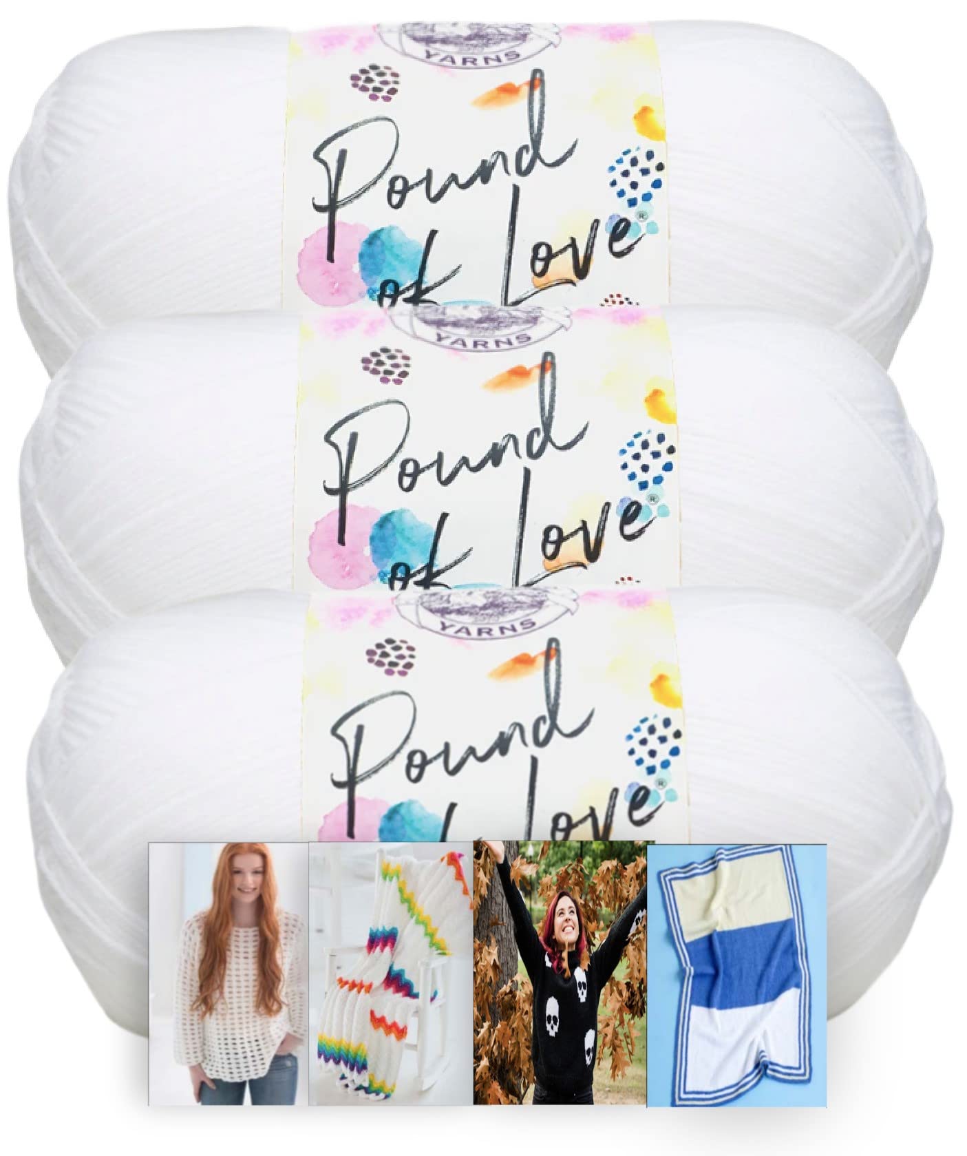 Lion Brand Yarn - Pound of Love - 3 Pack with Pattern Cards in Color (White)