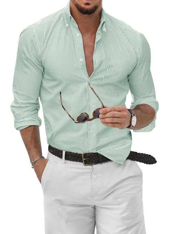 JMIERR Mens Slim Fit Casual Button Down Dress Shirts Pinpoint Stripe Long Sleeve Fall Shirt US 37.5(S),Green