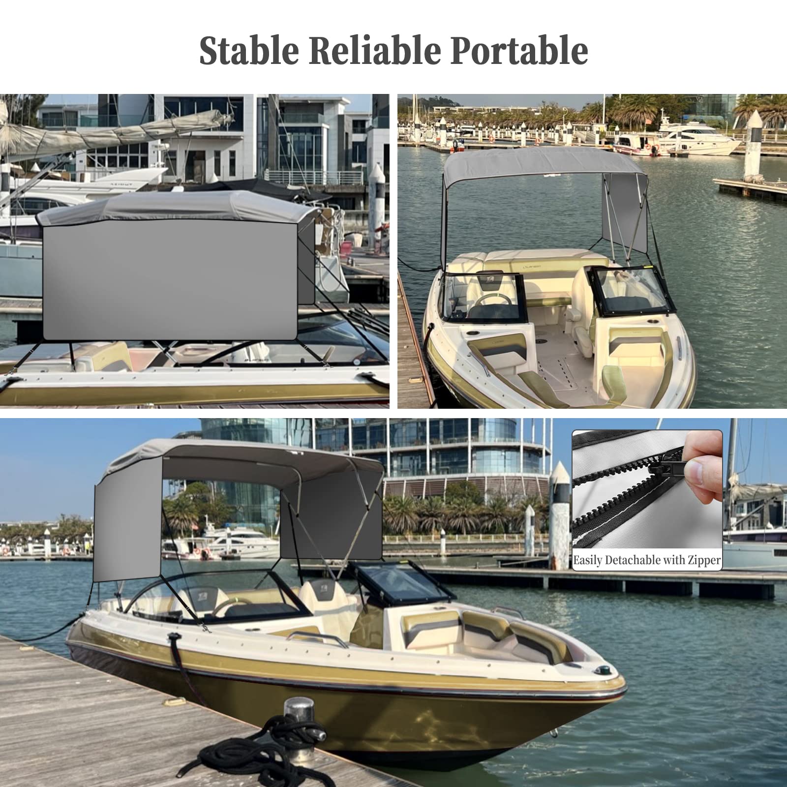 MAROUTE 3 Bow Bimini Top Boat Cover with 1” Aluminum Alloy Frame, Includes 2 Straps, 2 Adjustable Rear Support Poles with Zippered Storage Boot and PU Coating Canvas (6'L x 46" H x 67"-72" W, Grey)