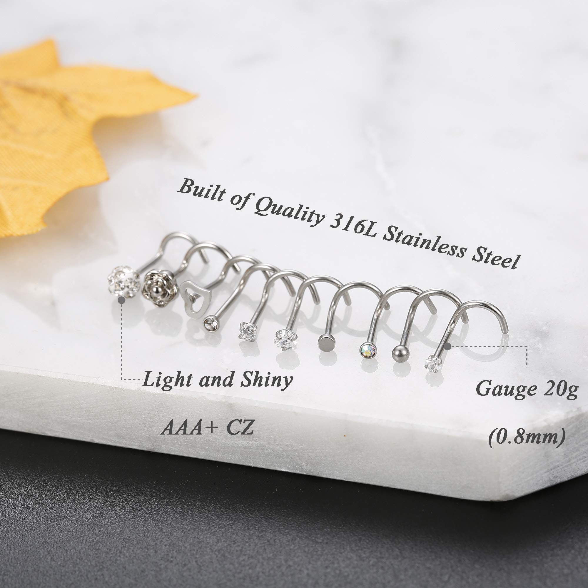 JOERICA 10 Pcs 20G Stainless Steel Screw Nose Studs Rings CZ Labret Silver Gold Nose Stud Piercing Jewelry Set Silver Tone
