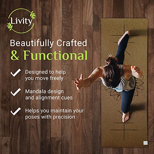 Livity Yoga - Mandala Cork Yoga Mat, Durable & Non-Slip Workout Mat, Cork Exercise Mat with Beautiful Mandala Design & Alignment Points, 74 x 24 x 0.2 inches