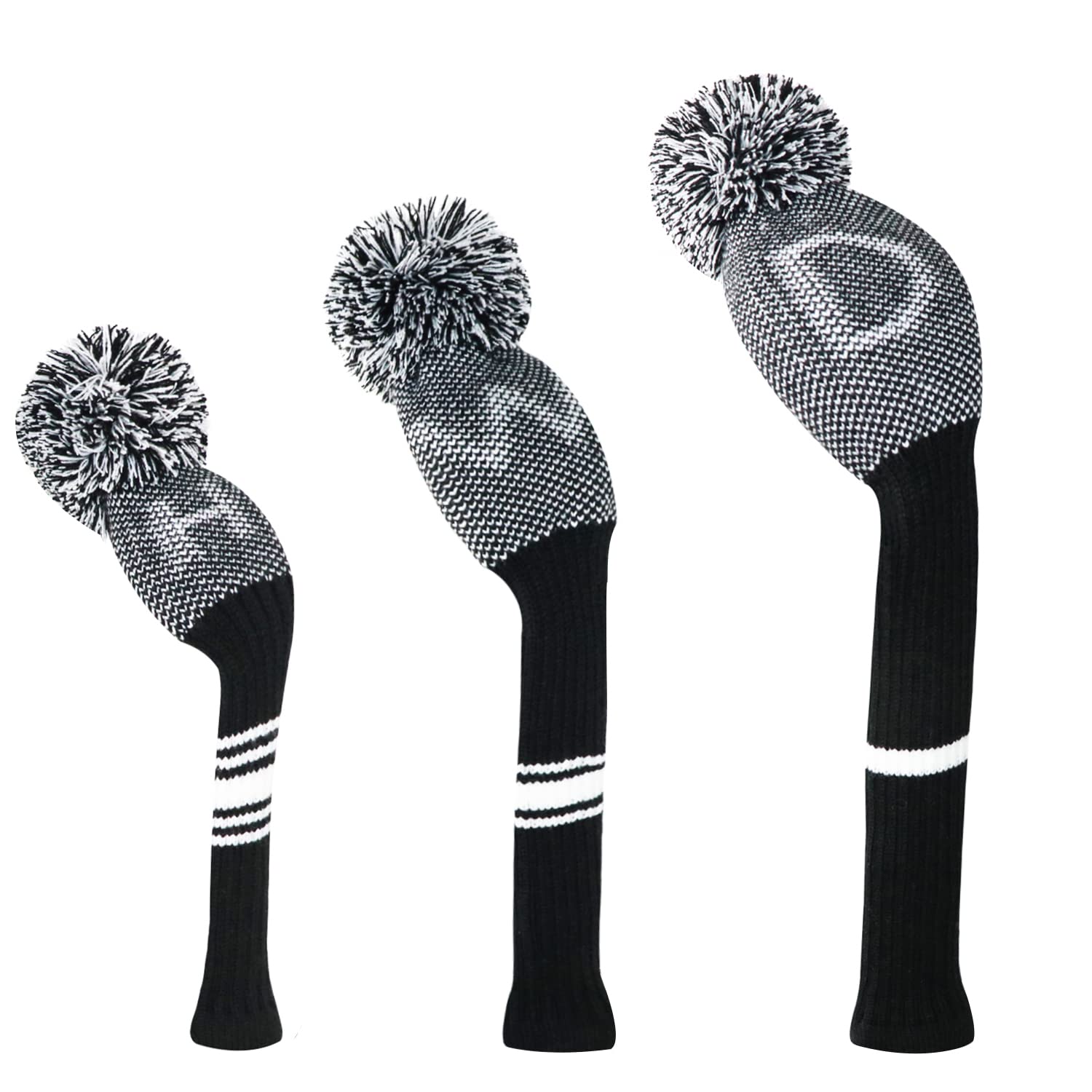 LeFeng 3Pcs Golf Club Head Covers Set Knitted Golf Head Covers for 460cc Driver Fairway Woods and Hybrid with Cute Pom Pom and Number Tag(White Dot Letter)