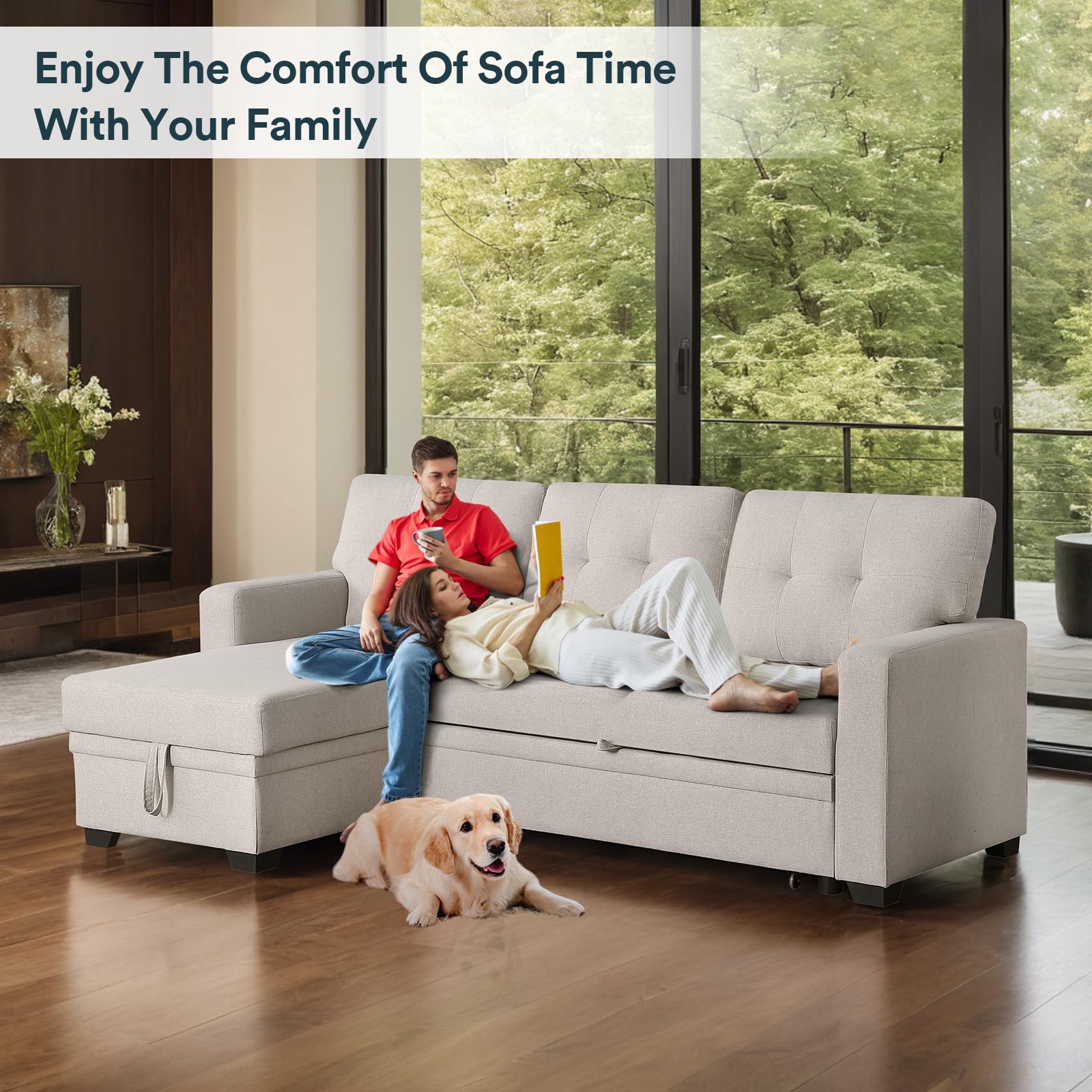 Skepphlay L Shaped Couch Sleeper Sectional Sofa Pull Out Sofa Bed Convertible Sleeper Sofa with Storage for Home Living Room, Beige