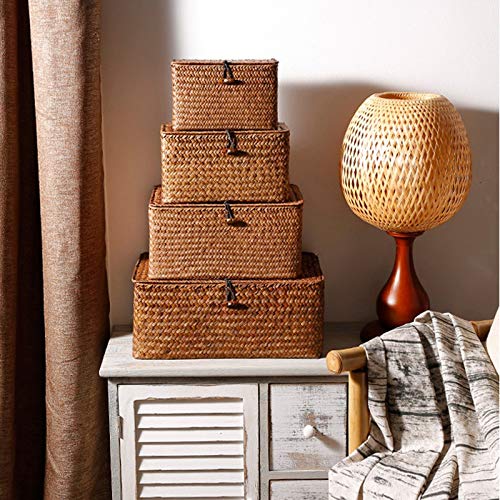 Jaquiain Woven Straw Storage Bins with Lid - 4 - Rectangular Seagrass Basket/Storage Basket for Shelf Organizer