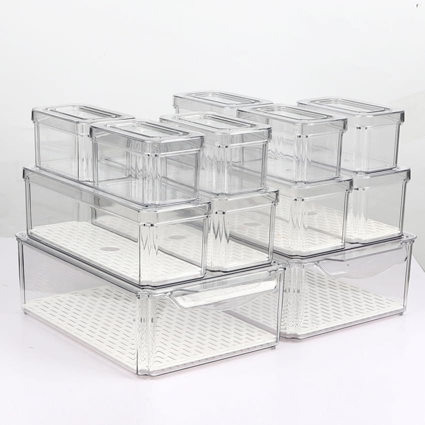 jijoe Fridge Organizer with Egg Holder, 12 Packs Stackable Refrigerator Organizer Bins with Lids, BPA-Free Produce Fruit Storage Containers for Storage Clear for Food, Drinks, Vegetable Storage